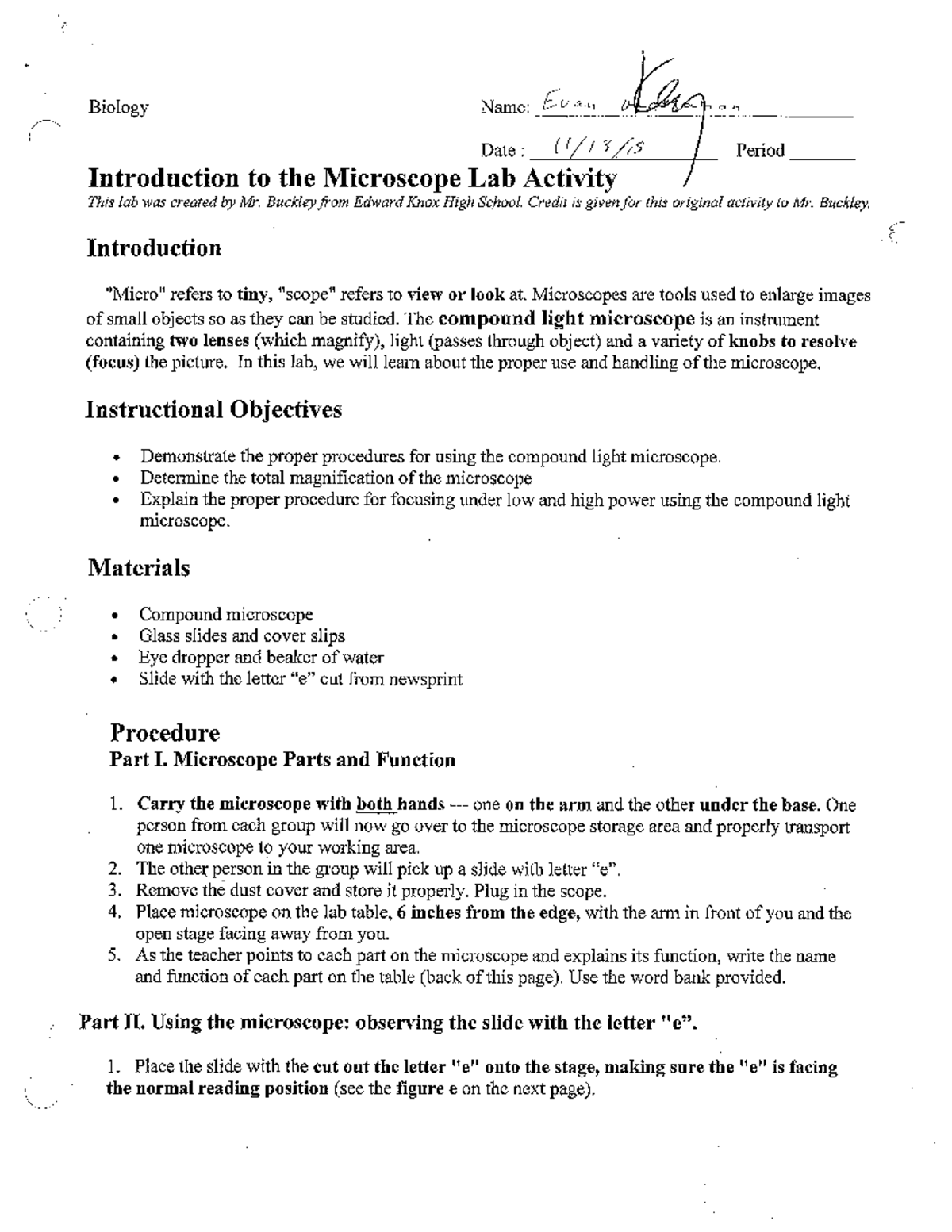 Biology Lab: Introduction to the Compound Microscope Activity - Studocu