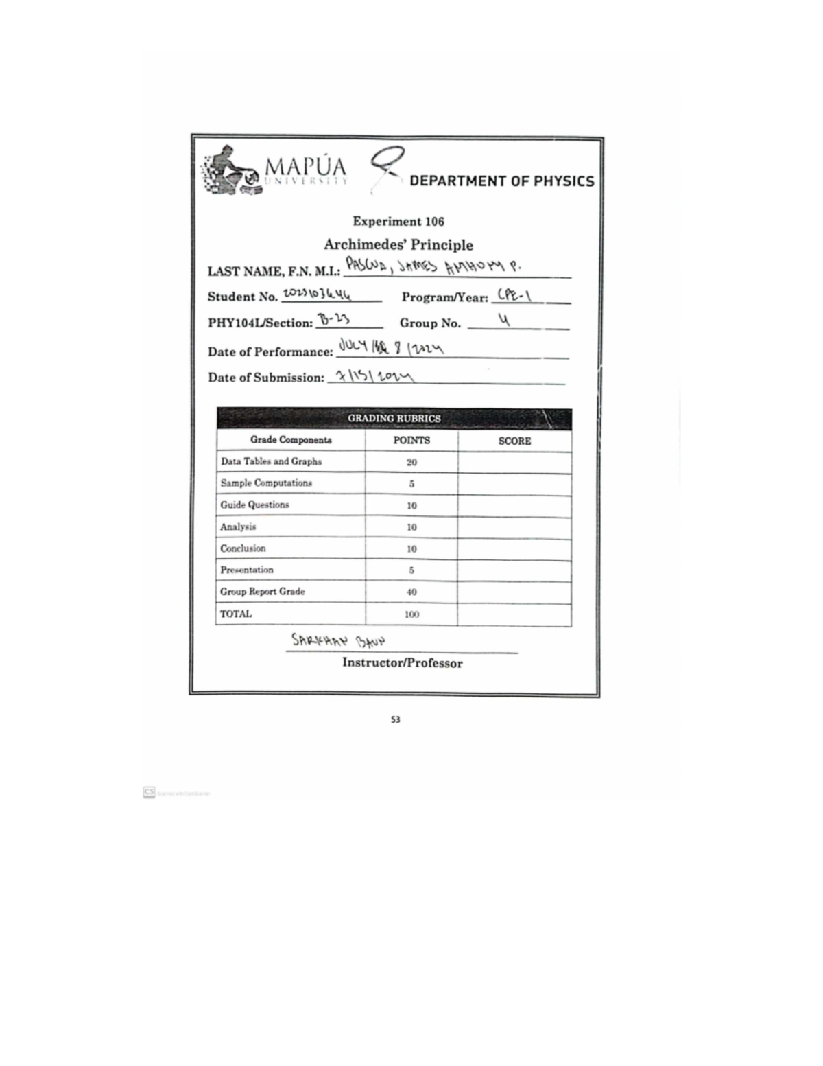 Physics lab report REPORT 6654594156 - ANALYSIS OF THE RESULTS MAPUA ...