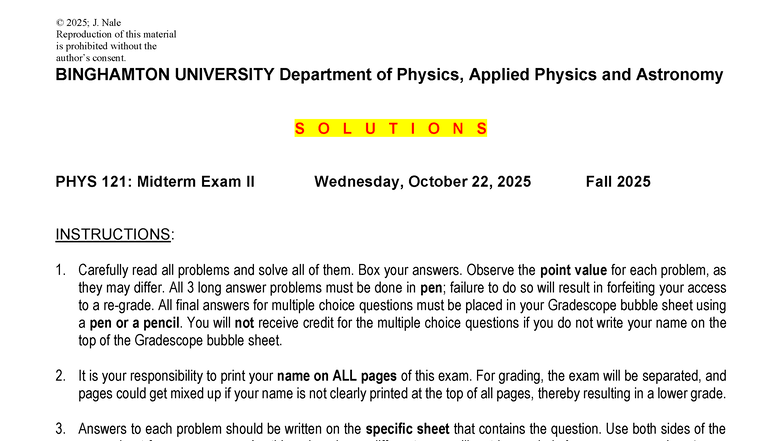 PHYS 121: Midterm II Solutions - Fall 2025 - Studocu