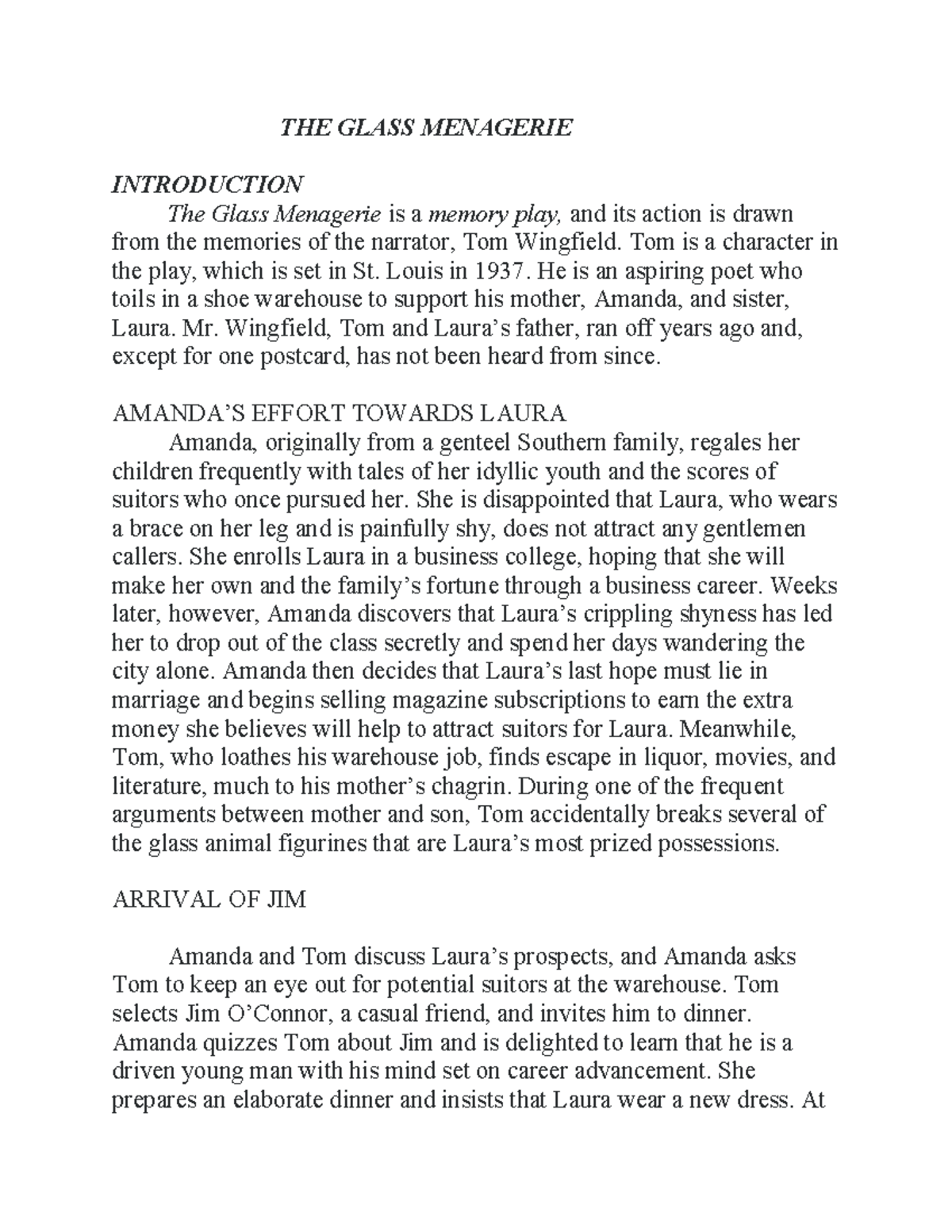 Essay OF THE Glass Menagerie - THE GLASS MENAGERIE INTRODUCTION The ...