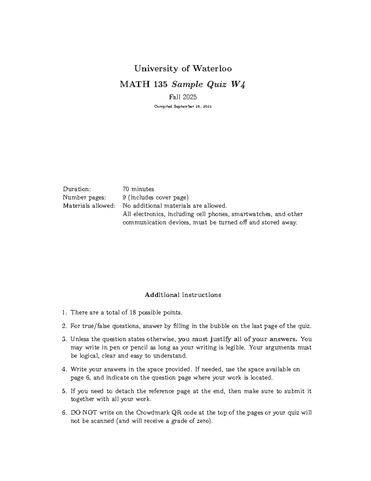 MATH 135 Sample Quiz W4 Solutions - Fall 2025 - Studocu