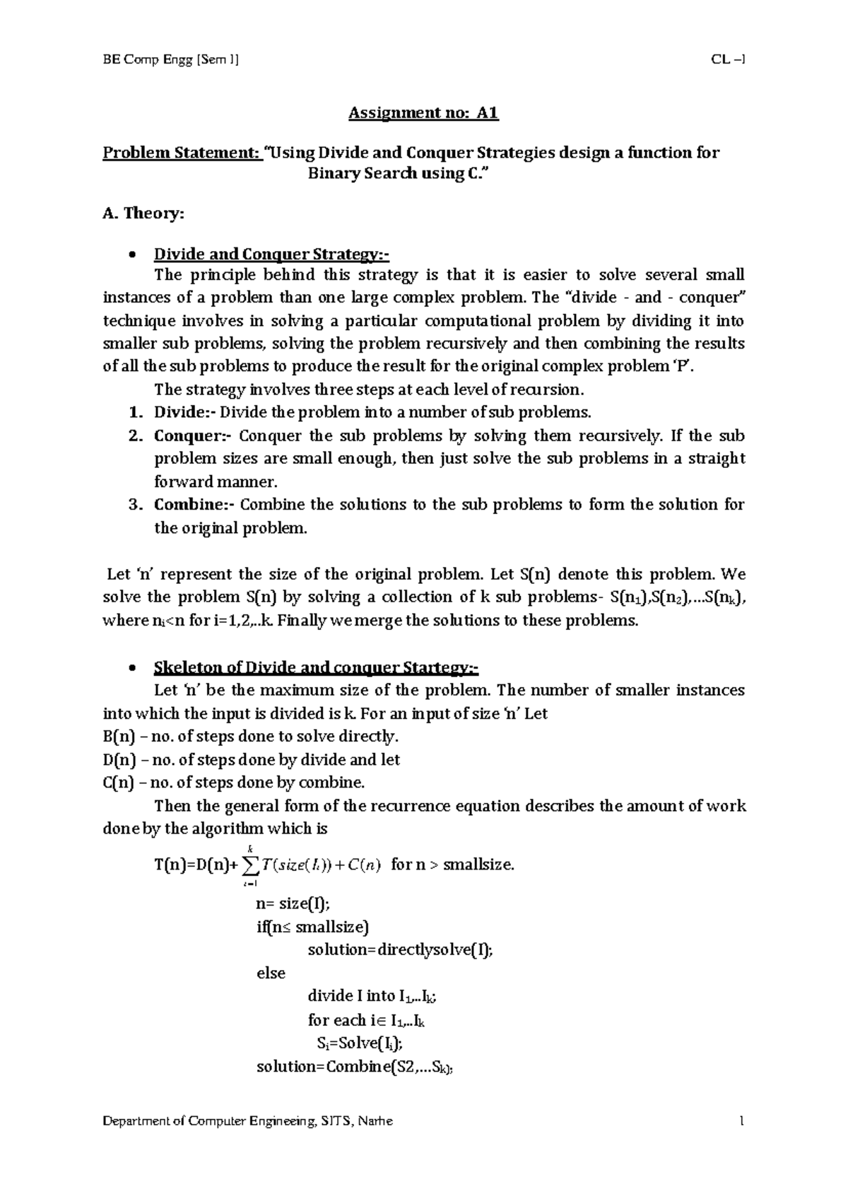 A1 CL BE Comp Engg: Binary Search & Divide and Conquer Strategies - Studocu