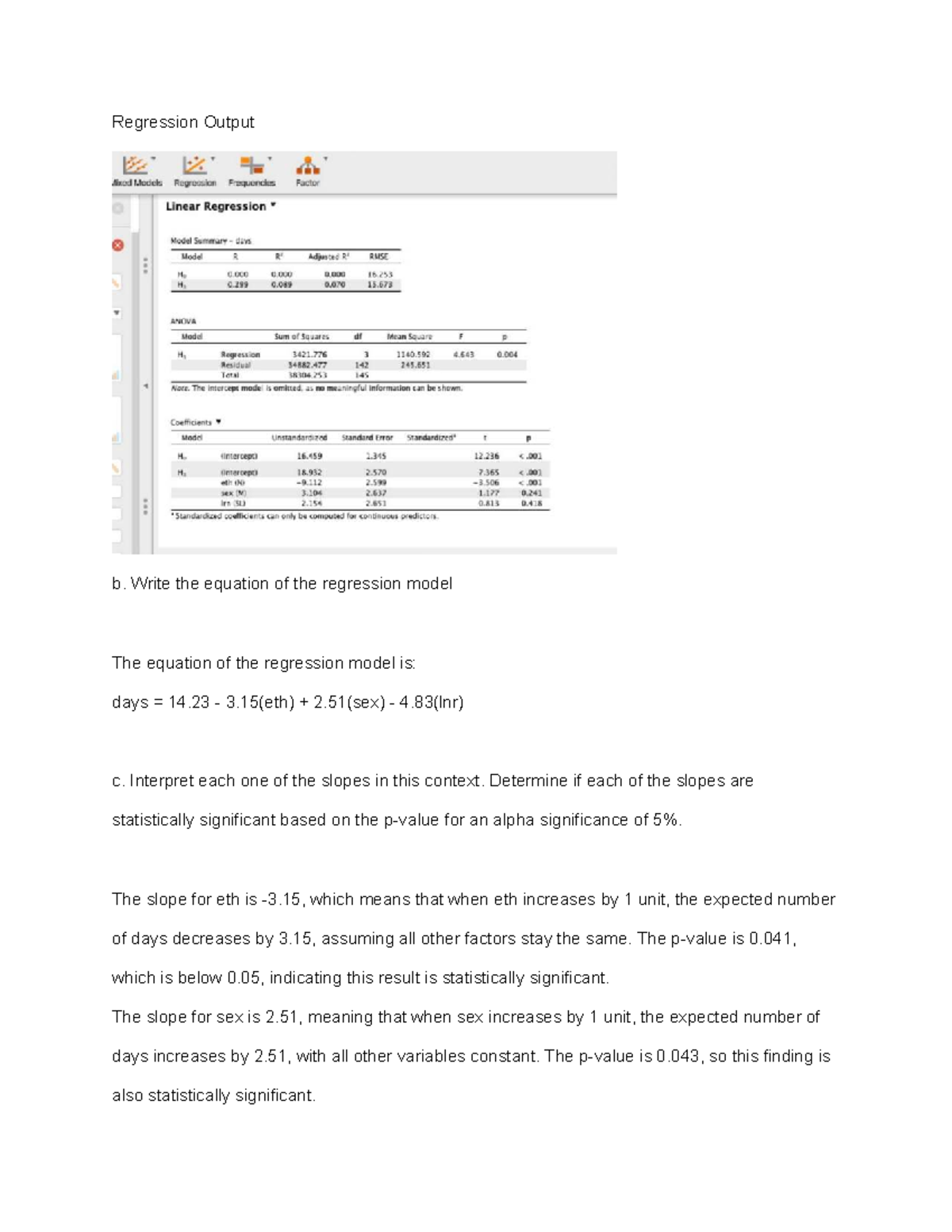 Regression Output - Statistical Inference: Model Equation & Slope ...