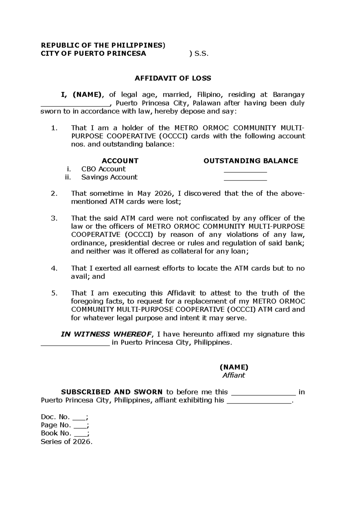 Affidavit of Loss of ATM Cards - Metro Ormoc Coop - Studocu