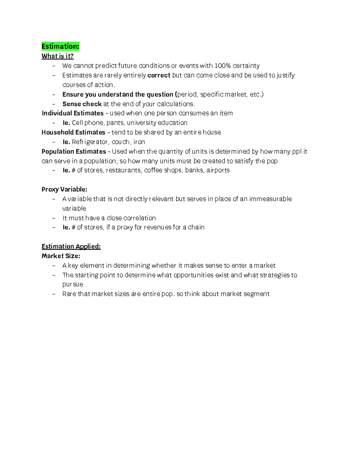 BU111 Exam Notes: Understanding Estimation and Market Dynamics - Studocu