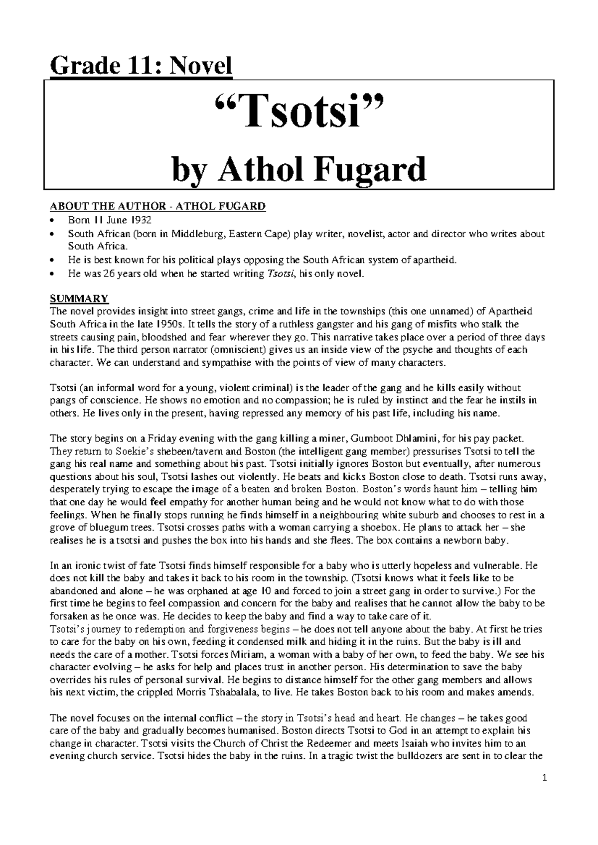 Grade 11 Tsotsi Novel Summary Notes - Insights on Redemption - Studocu
