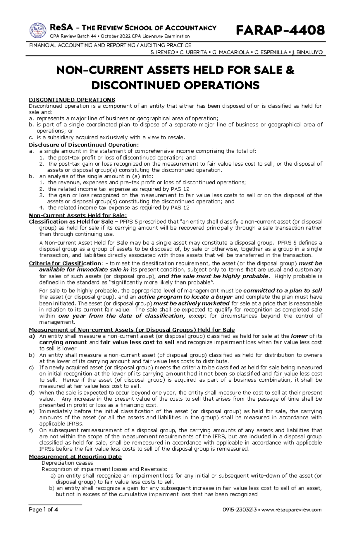 FARAP 4408: Non-Current Assets Held for Sale & Discontinued Operations Guide - Studocu