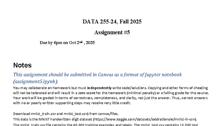 DATA 255 Fall 2025 Assignment 5: MNIST Deep Learning Task - Studocu