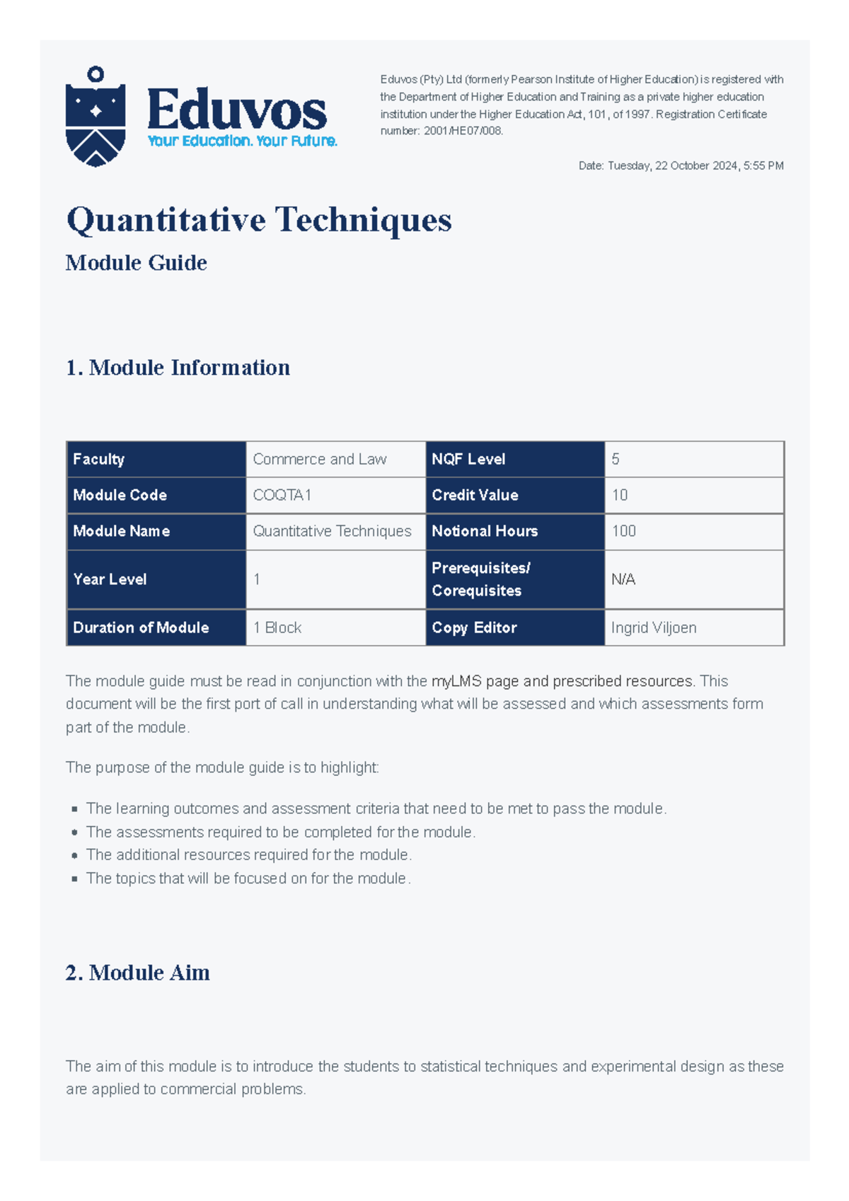 Quantitative Techniques Module Guide COQTA1 - Eduvos 2024 - Studocu