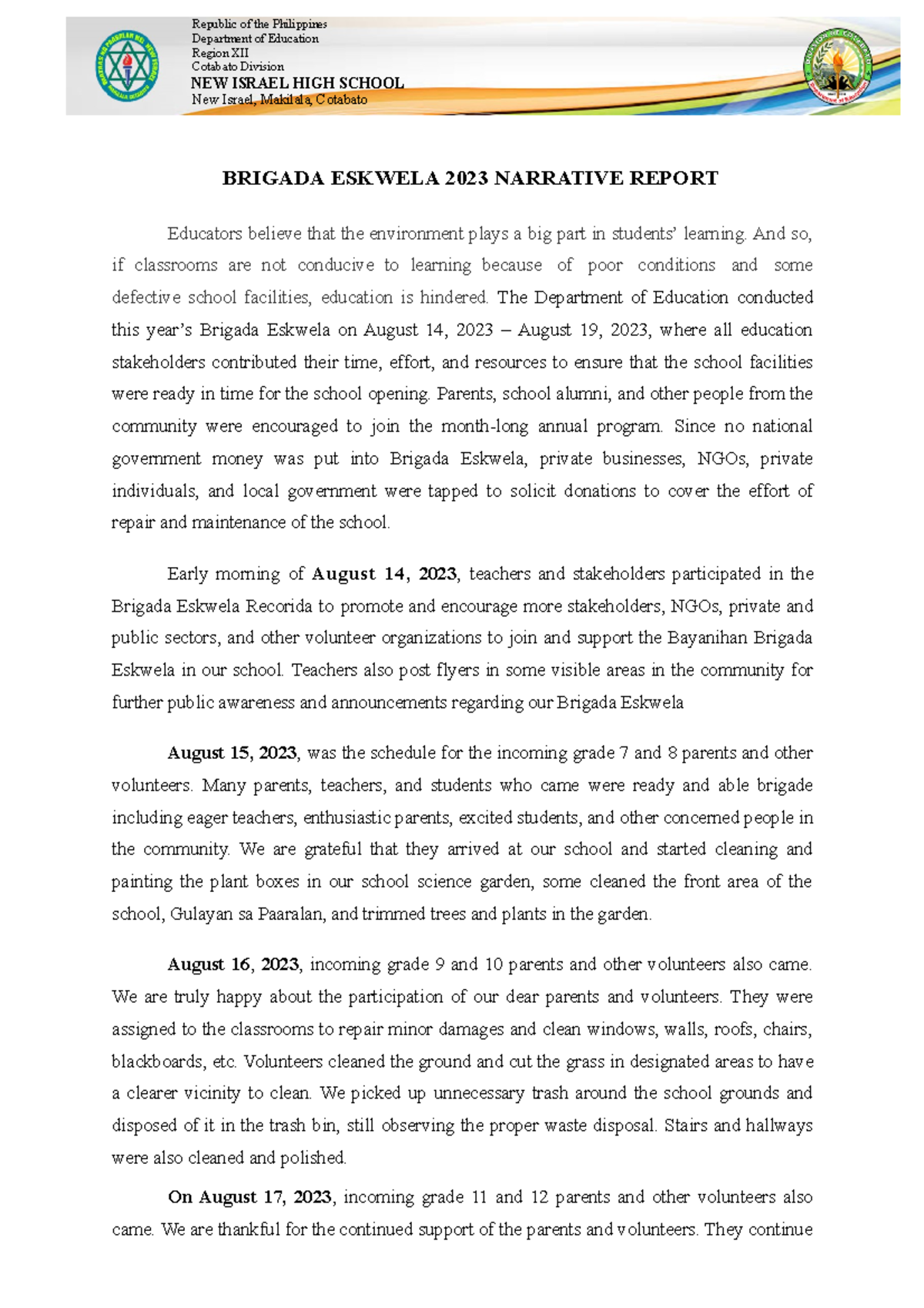 Brigada Eskwela 2023 Narrative Report - New Israel High School - Studocu