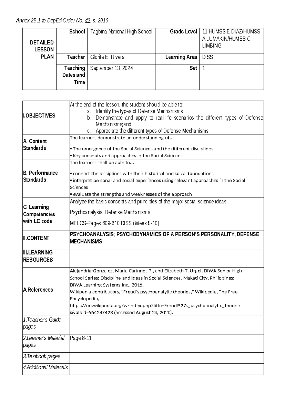Detailed Lesson Plan for HUMSS 11: Understanding Defense Mechanisms ...