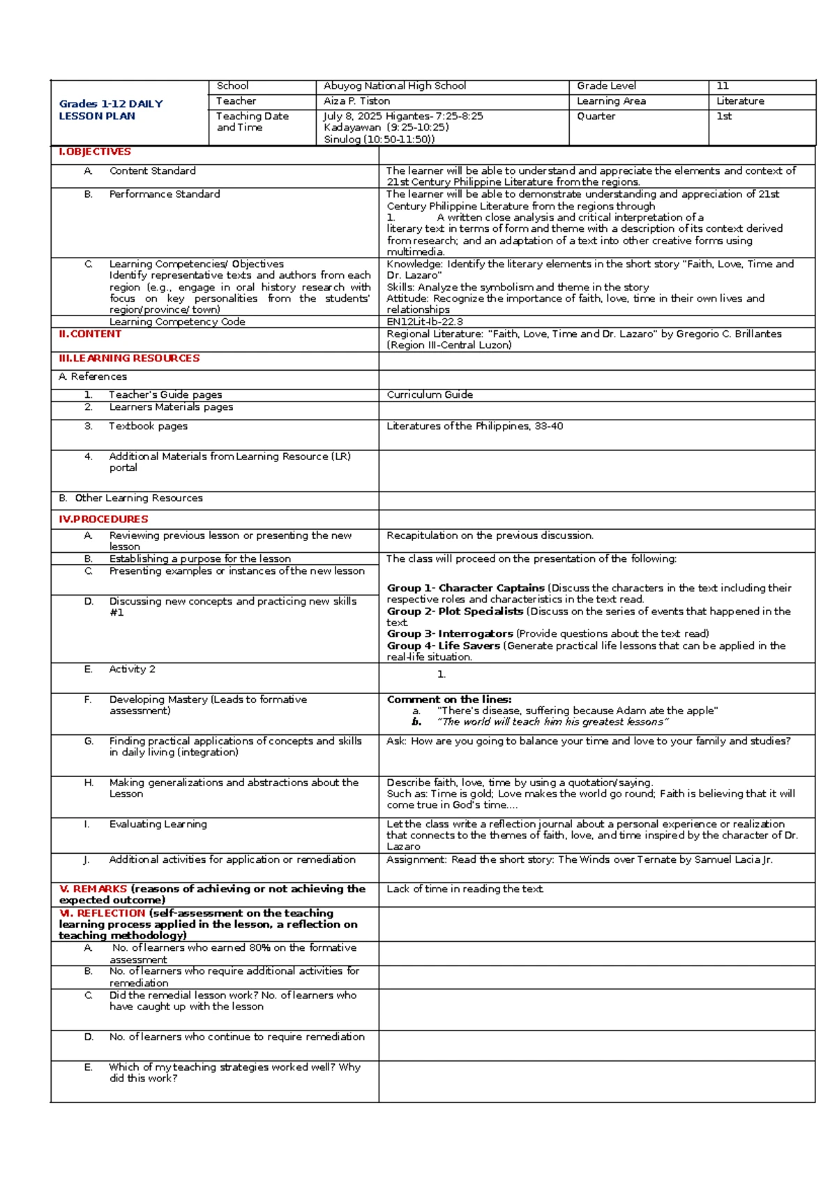LIT 11 Daily Lesson Plan: 21st Century Philippine Literature - Studocu