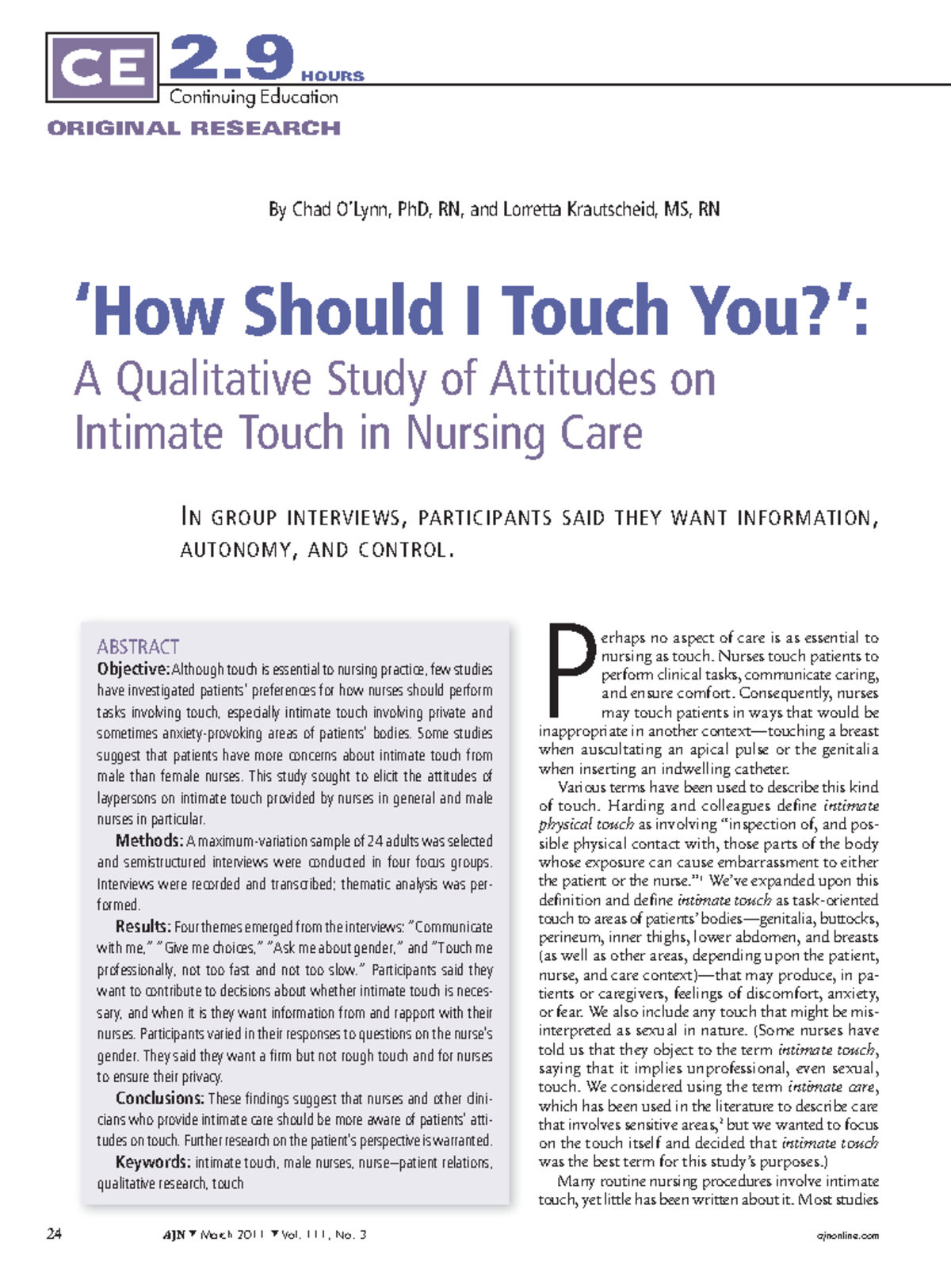 Intimate Touch in Nursing Care - 24 AJN March 2011 Vol. 111, No. 3 ...