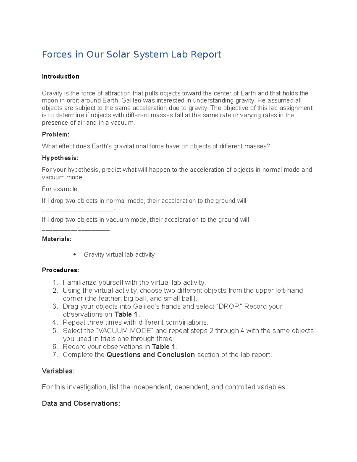 8.02 Lab Report: Exploring Gravity and Forces in Our Solar System - Studocu