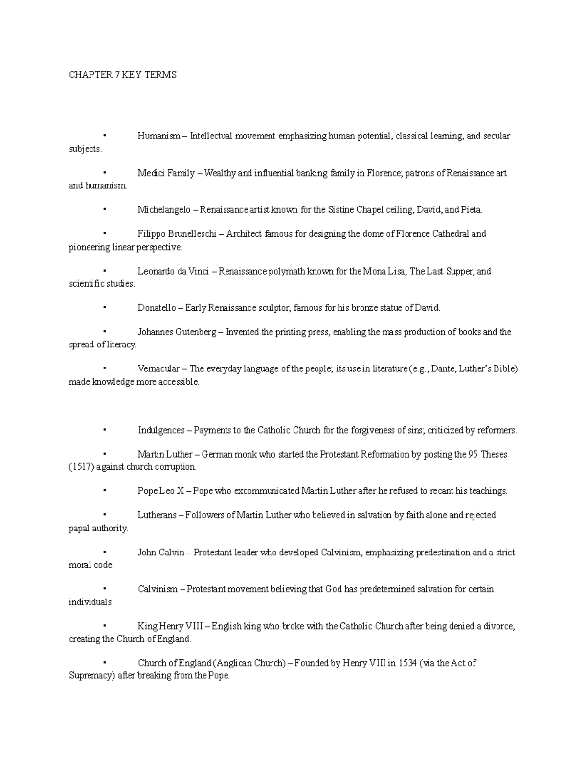 CHAPTER 7 KEY TERMS: Humanism, Renaissance, and Reformation Insights ...