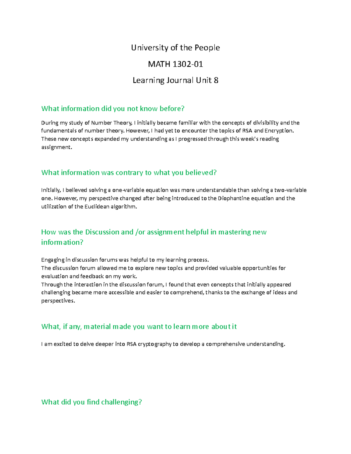 Math 1302 Learning Journal Unit 8 - University of the People MATH 1302 ...