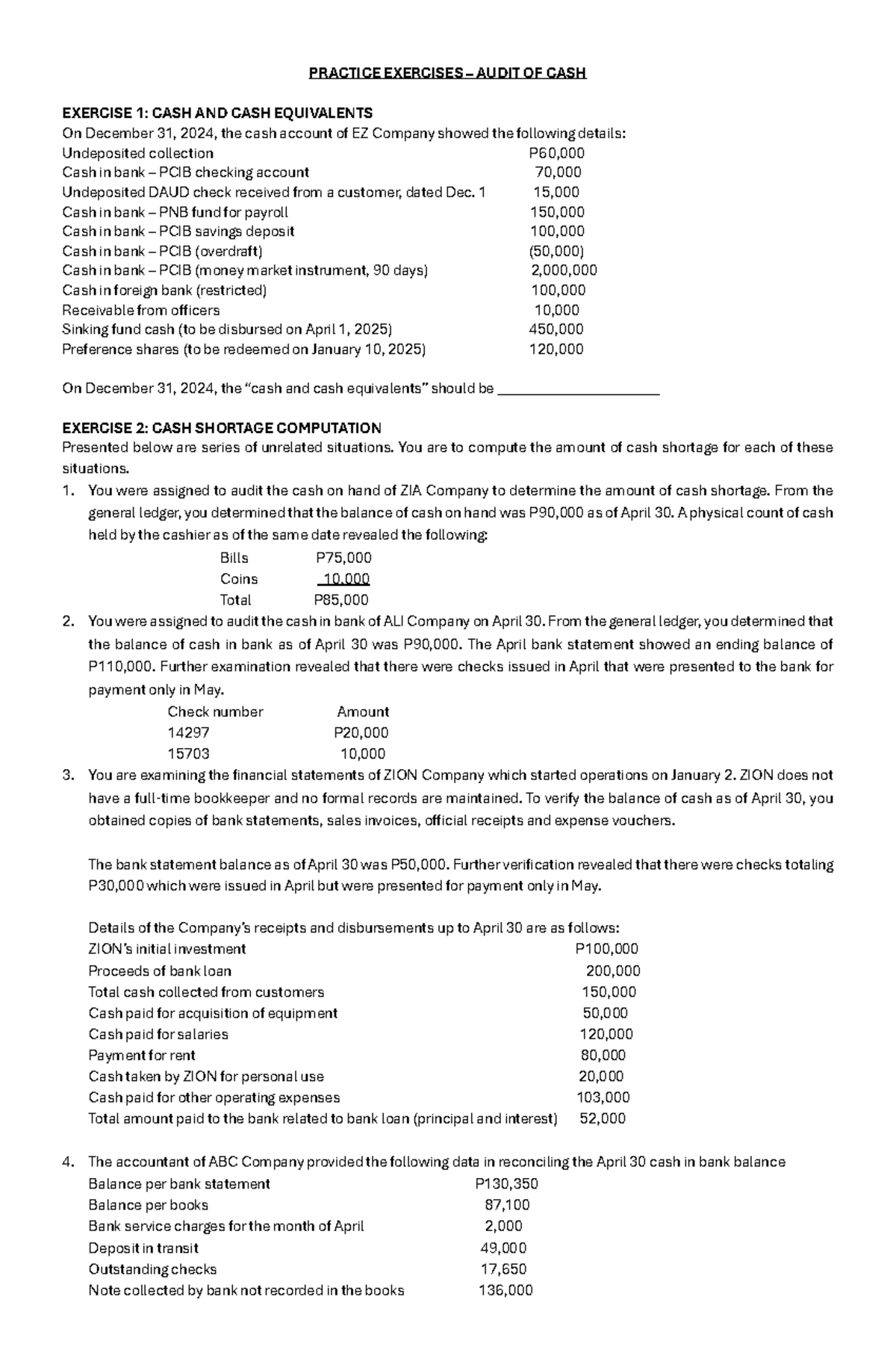 Practice Exercises: Audit of Cash (Final Exam) - Studocu