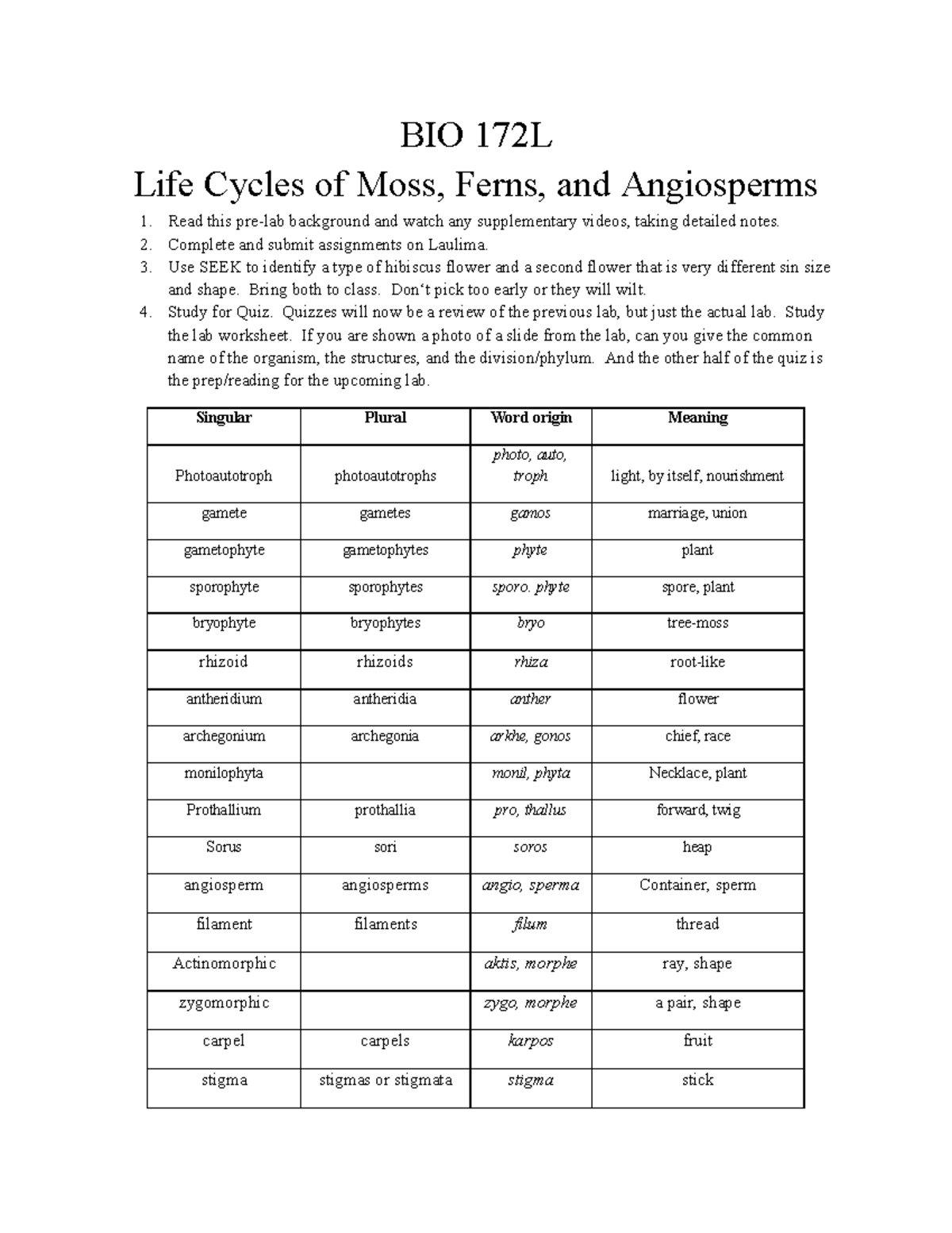 BIO 172L Lab Study Guide: Life Cycles of Mosses, Ferns, & Angiosperms ...