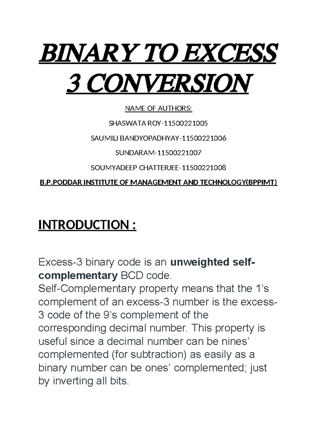BPPIMT: Binary to Excess-3 Conversion Explained - Studocu