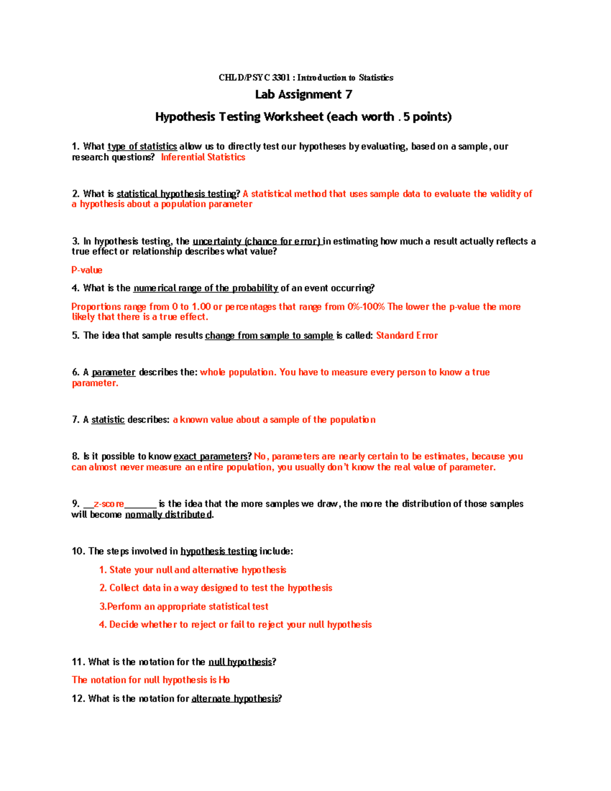 Lab Assignment 7: Hypothesis Testing in CHLD/PSYC 3301 Statistics - Studocu