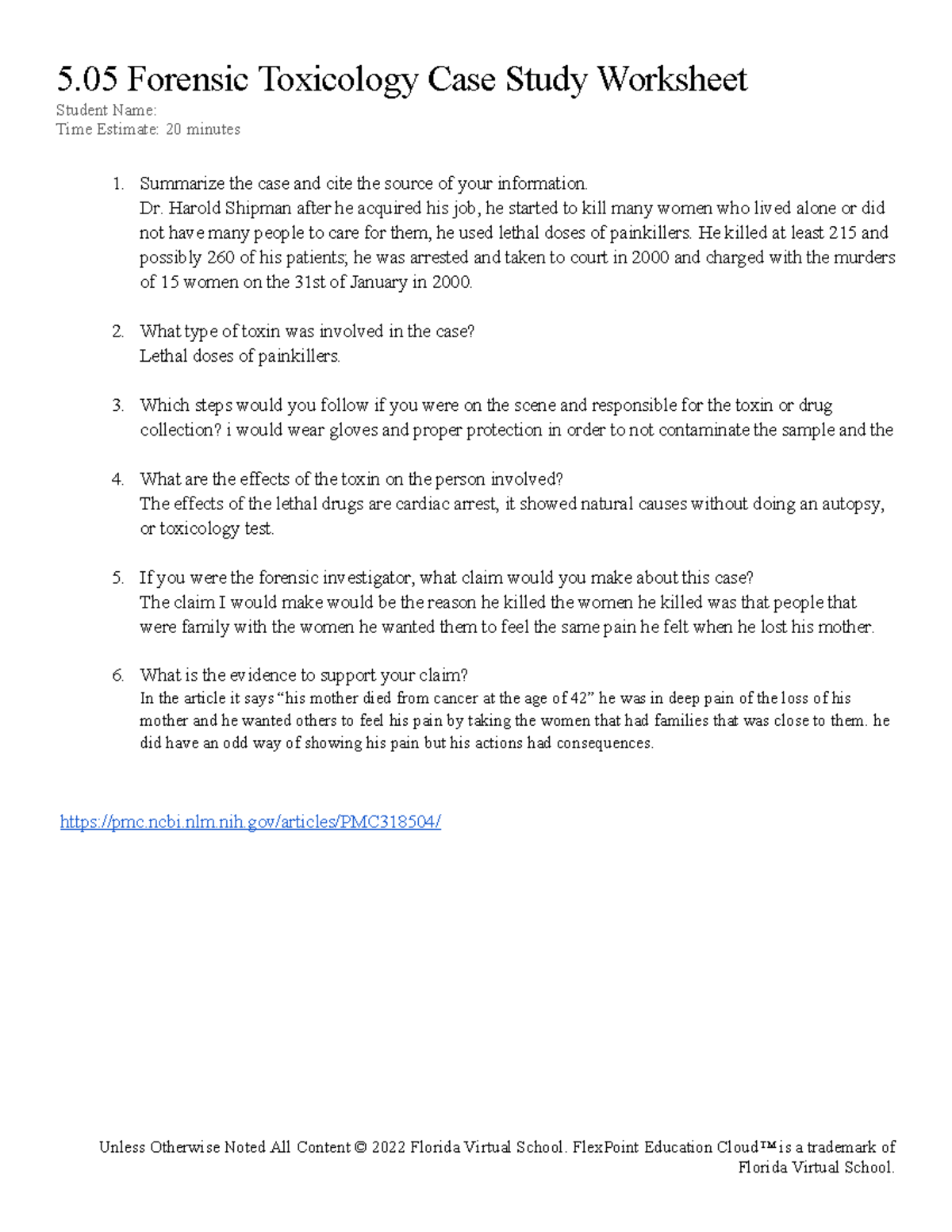 Forensic Toxicology Case Study Worksheet: Dr. Harold Shipman - Studocu