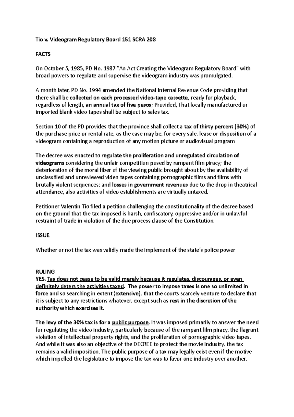 Tio v. Videogram Regulatory Board Case Study Analysis - Studocu