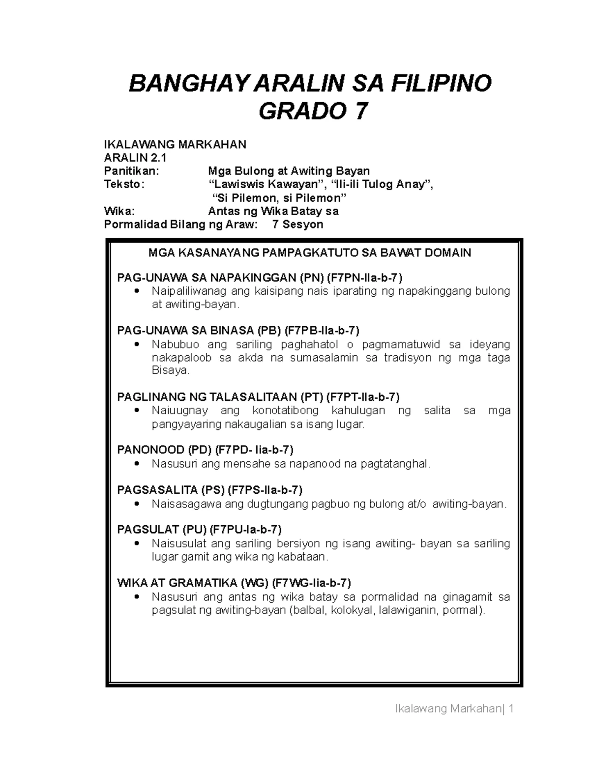 Curriculum Map - Filipino 10 - ASIGNATURA: FILIPINO MARKAHAN: UNANG ...
