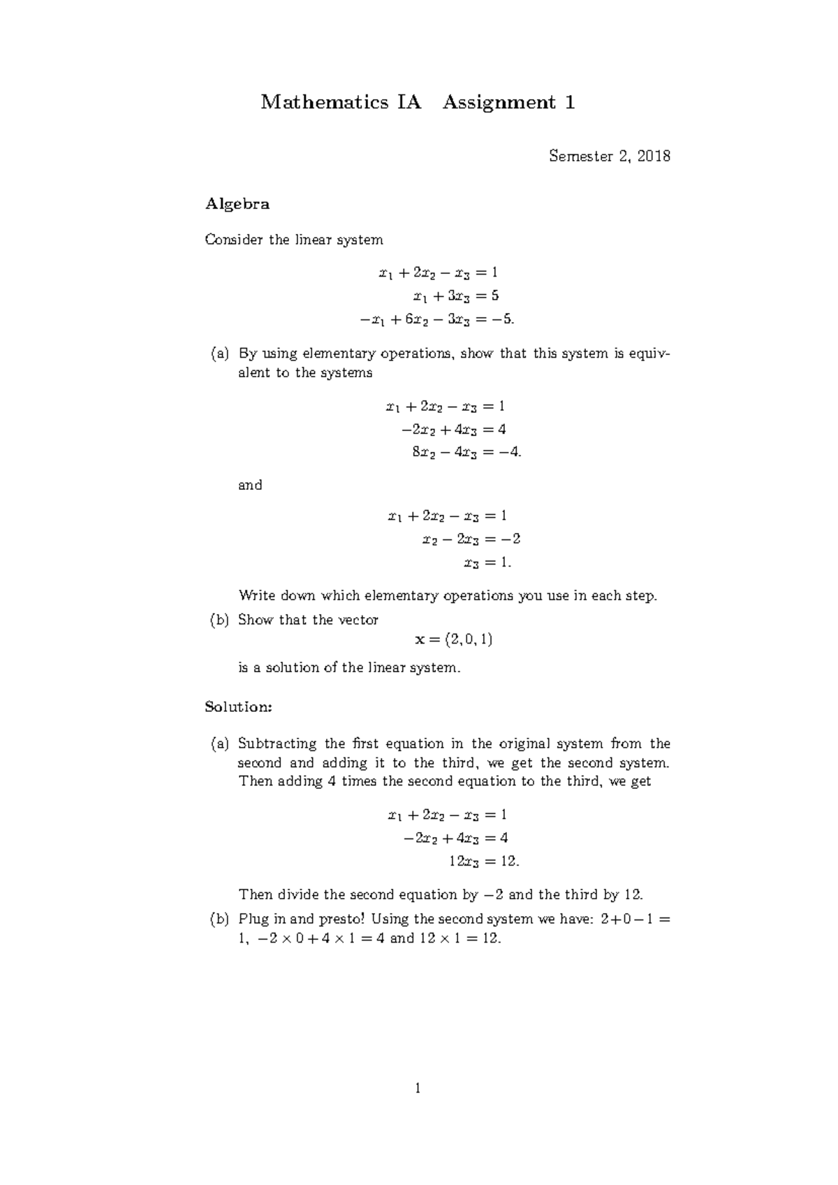 IA ass1 2018 S2 hs - Assignment 1 Solution - Mathematics IA Assignment ...