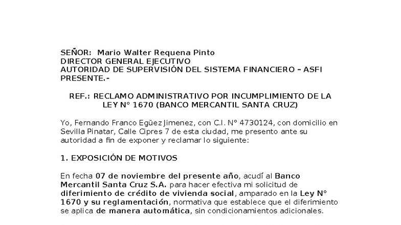 Reclamo Administrativo ASFI: Incumplimiento Ley 1670 - Banco Mercantil ...