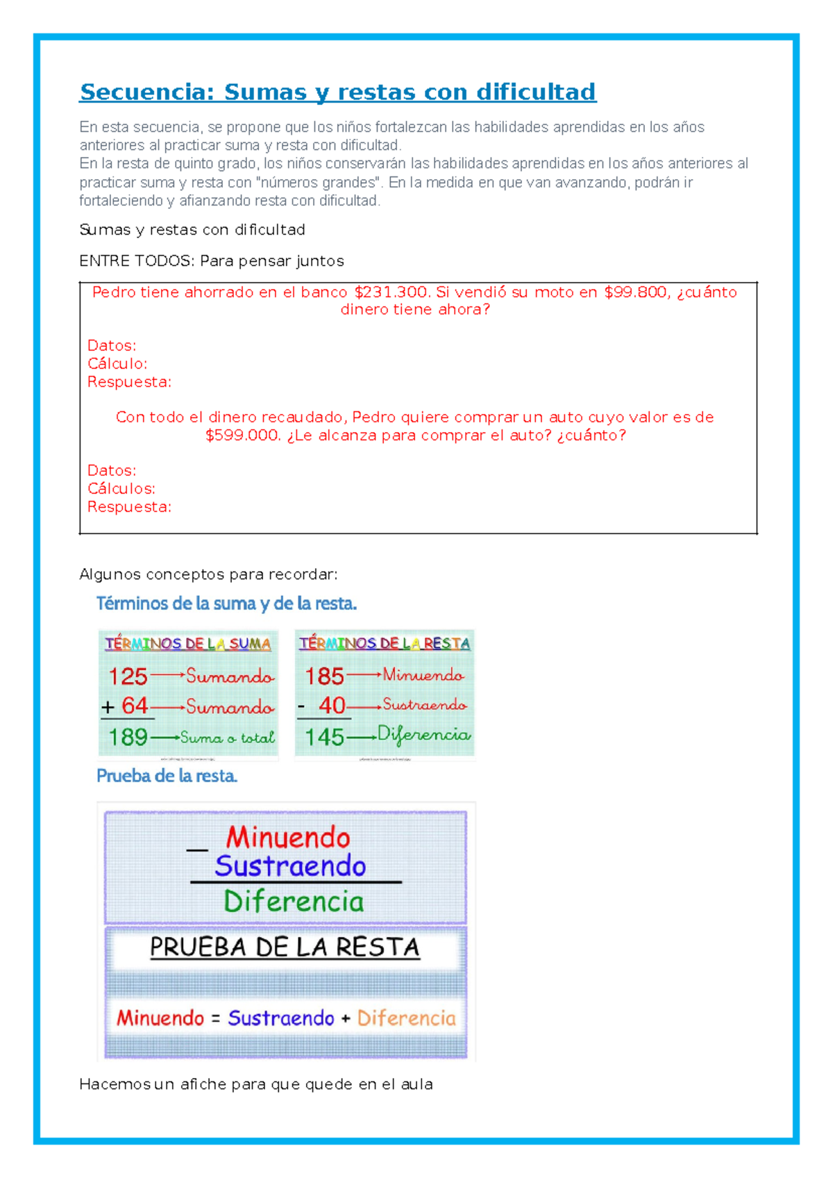 Secuencia de Sumas y Restas Difíciles en 5to Grado - Matemáticas - Studocu