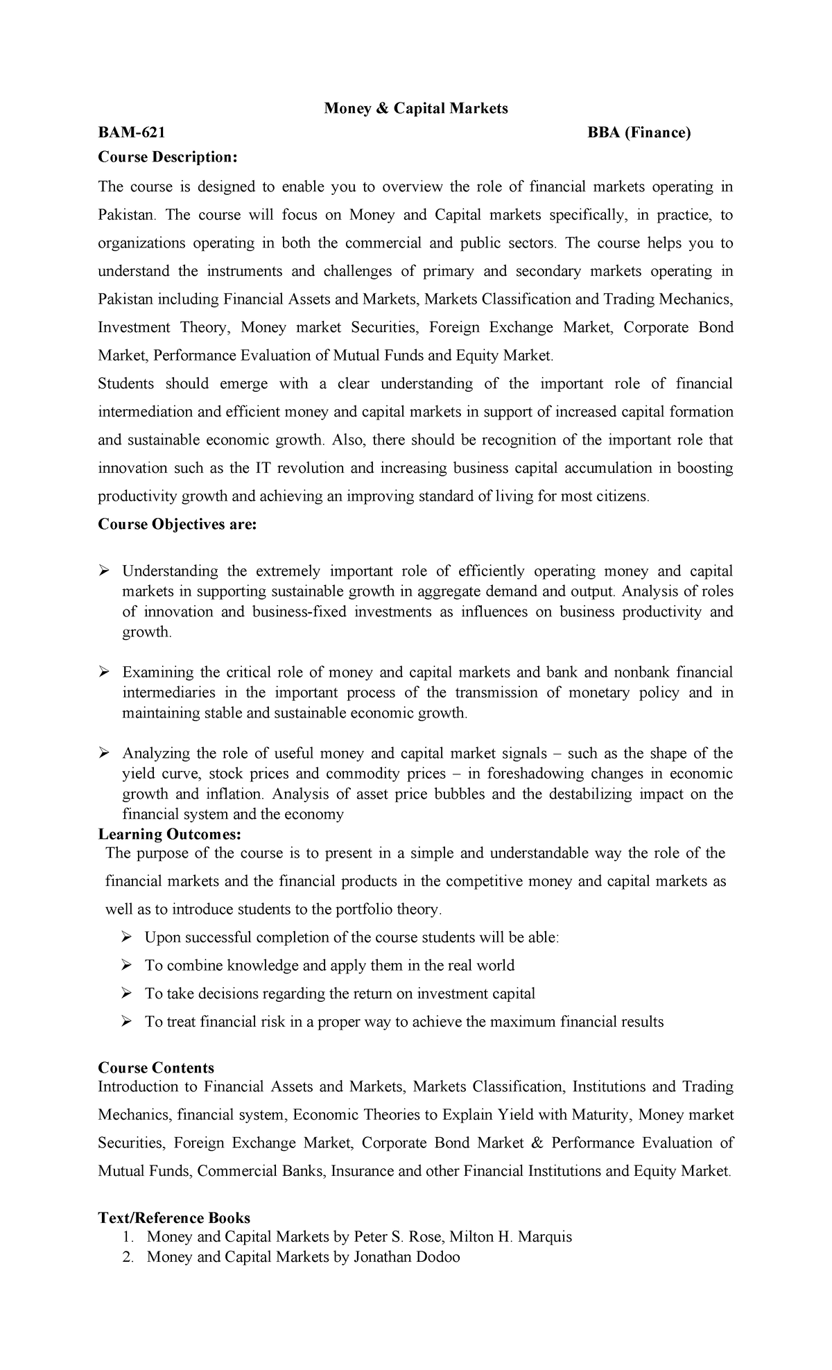 Money & Capital Markets Overview - BAM-621 BBA (Finance) Notes - Studocu