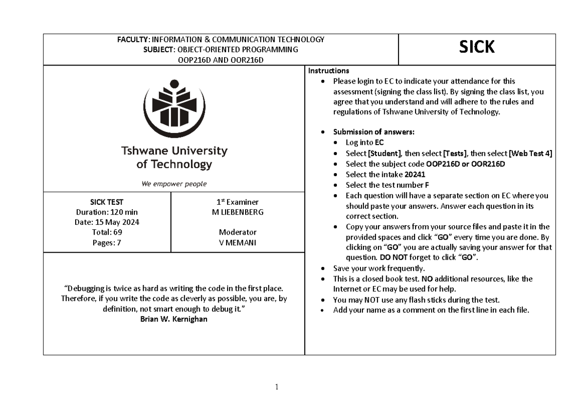 OOP216D Sick Test: Programming Assessment Instructions & Questions ...