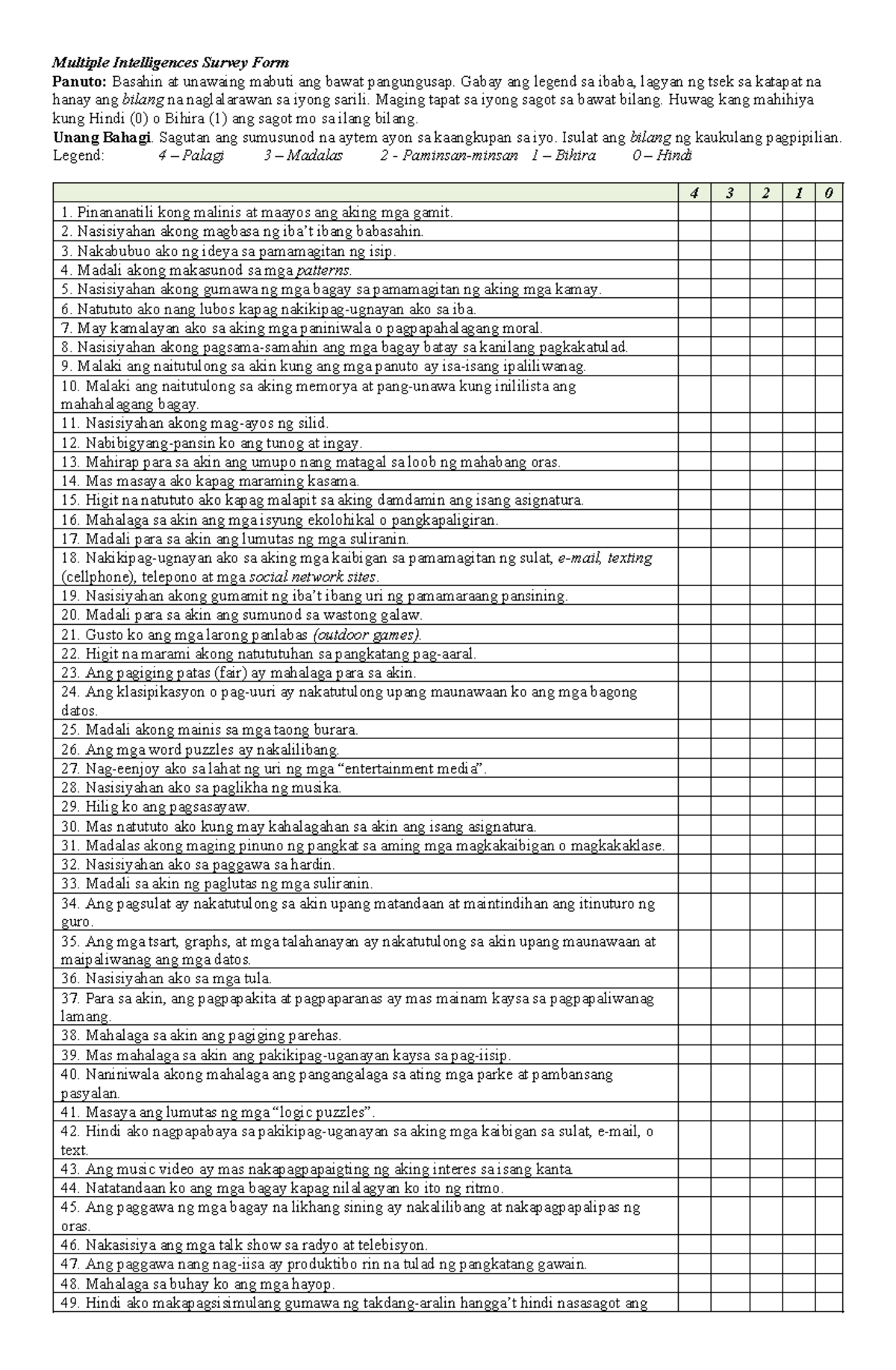 Multiple Intelligences Survey Form: Self-Assessment Guide - Studocu