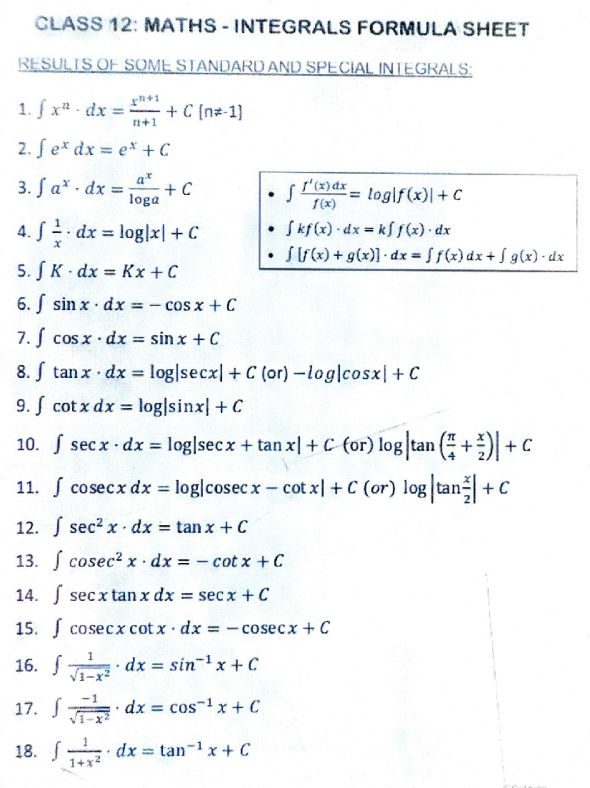 GLAS S '12: MATH S - INTEGRALS FORMULA SHEET & BASIC EQUATIONS - Studocu