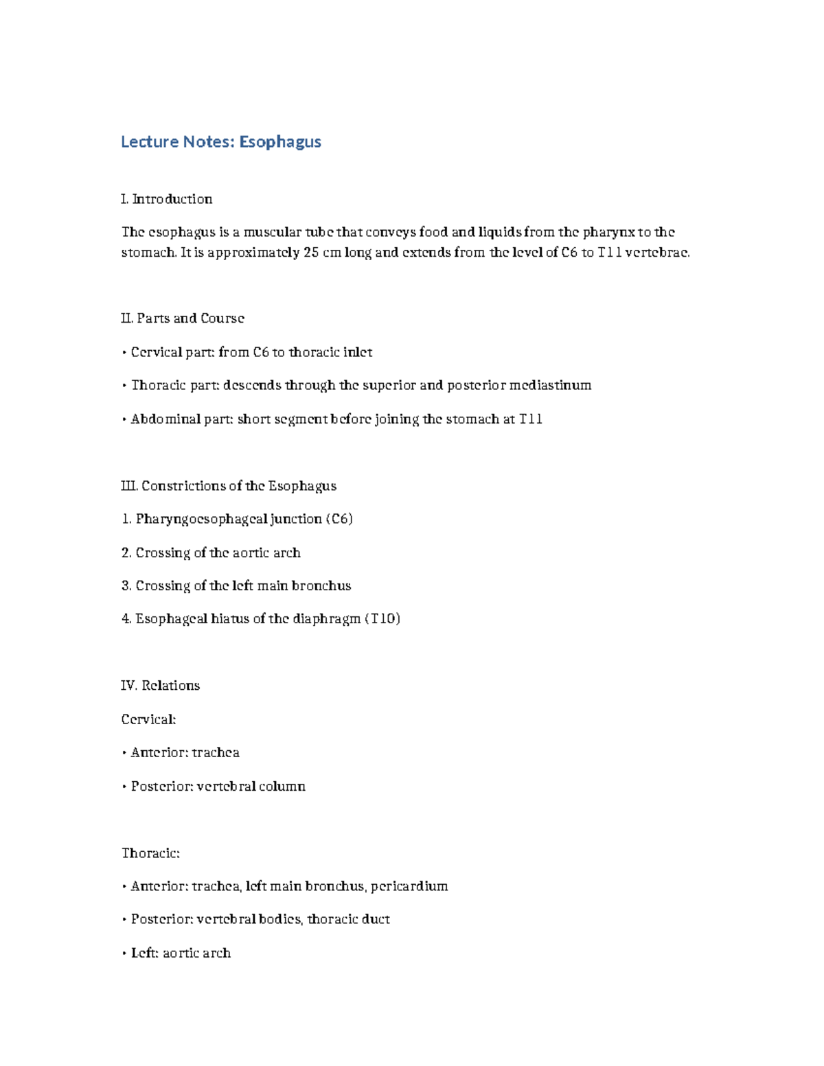 Lecture Notes: Esophagus Overview and Anatomy - Studocu
