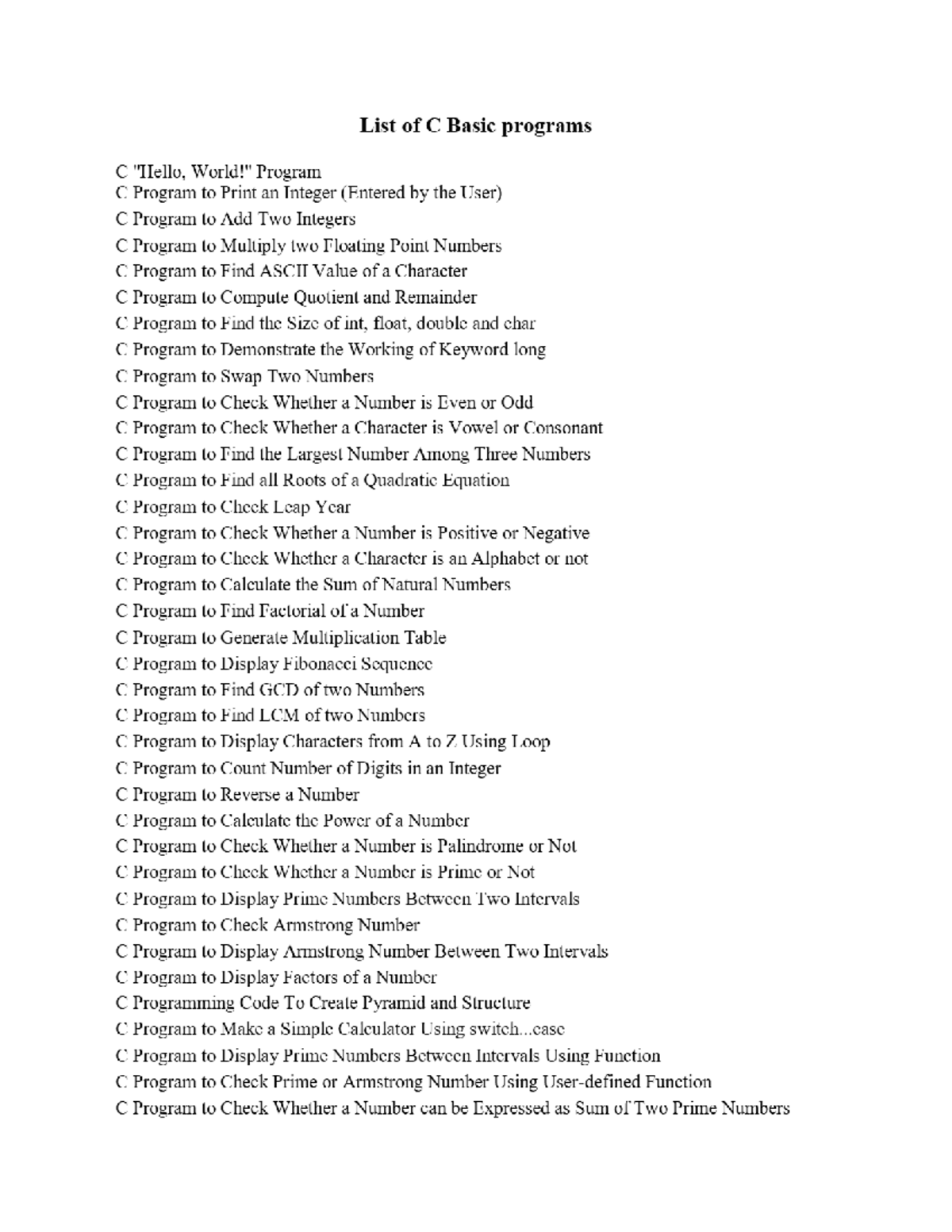 C Programming Basics: Comprehensive List of Essential Programs - Studocu