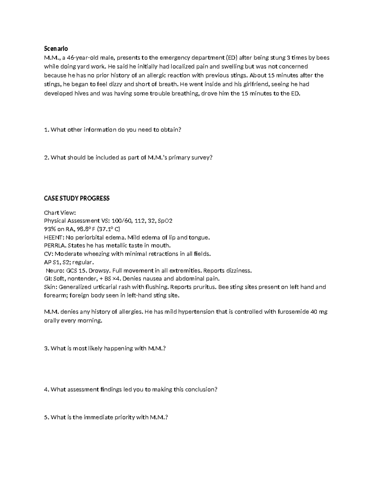 ANA Case Study: Anaphylaxis Management for Bee Sting Reaction - Studocu