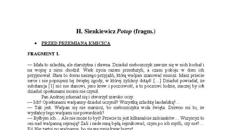 Potop Kmicic - Fragmenty z Przemiany i Zasług - Studocu