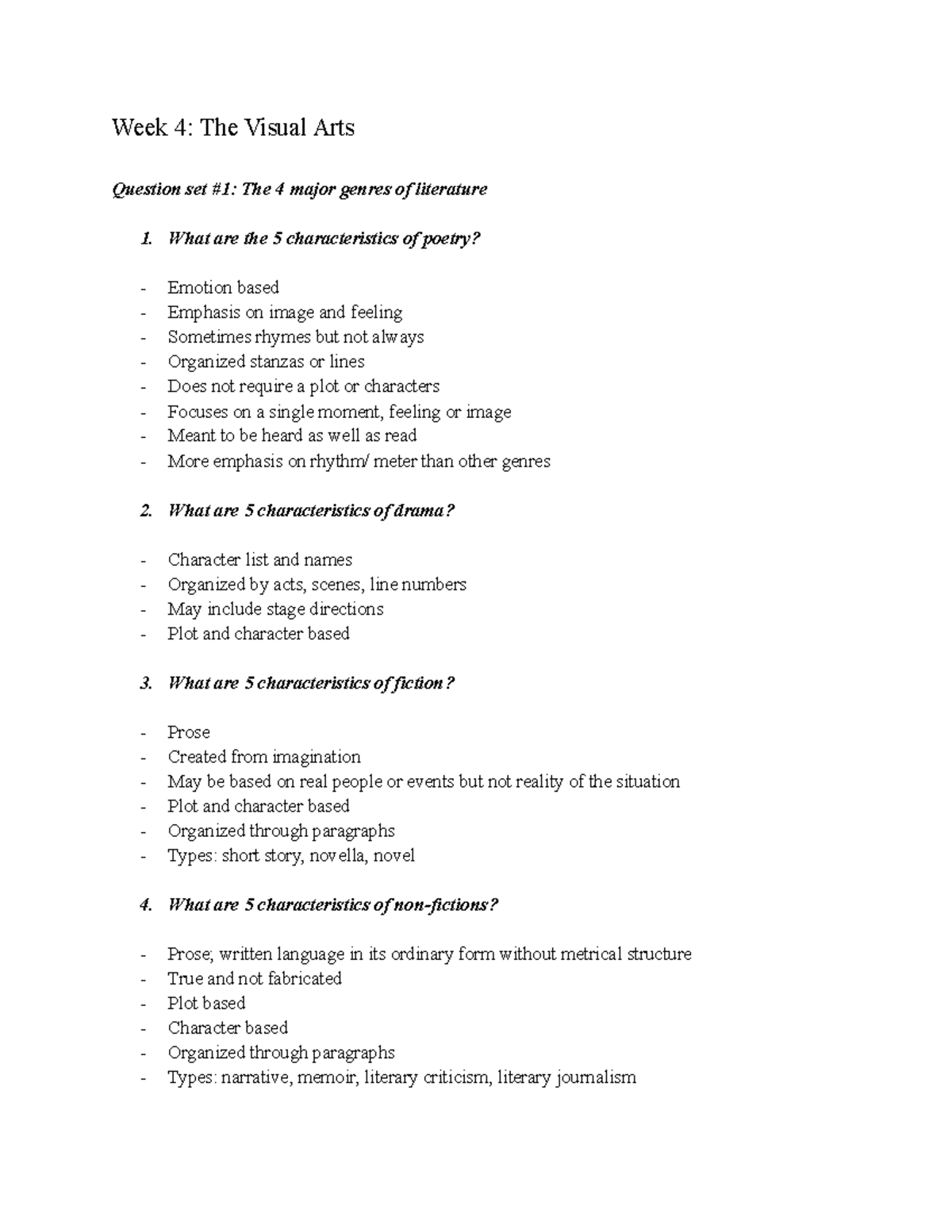 Week 4- the visual arts - Week 4: The Visual Arts Question set #1: The ...