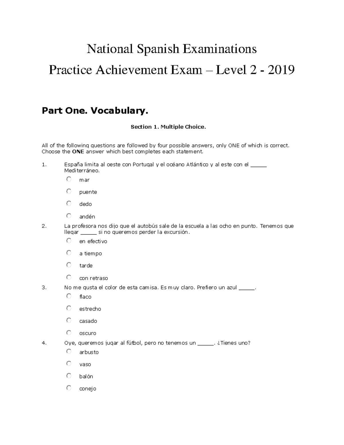 2019 National Spanish Exam Practice Achievement - Level 2 Test - Studocu