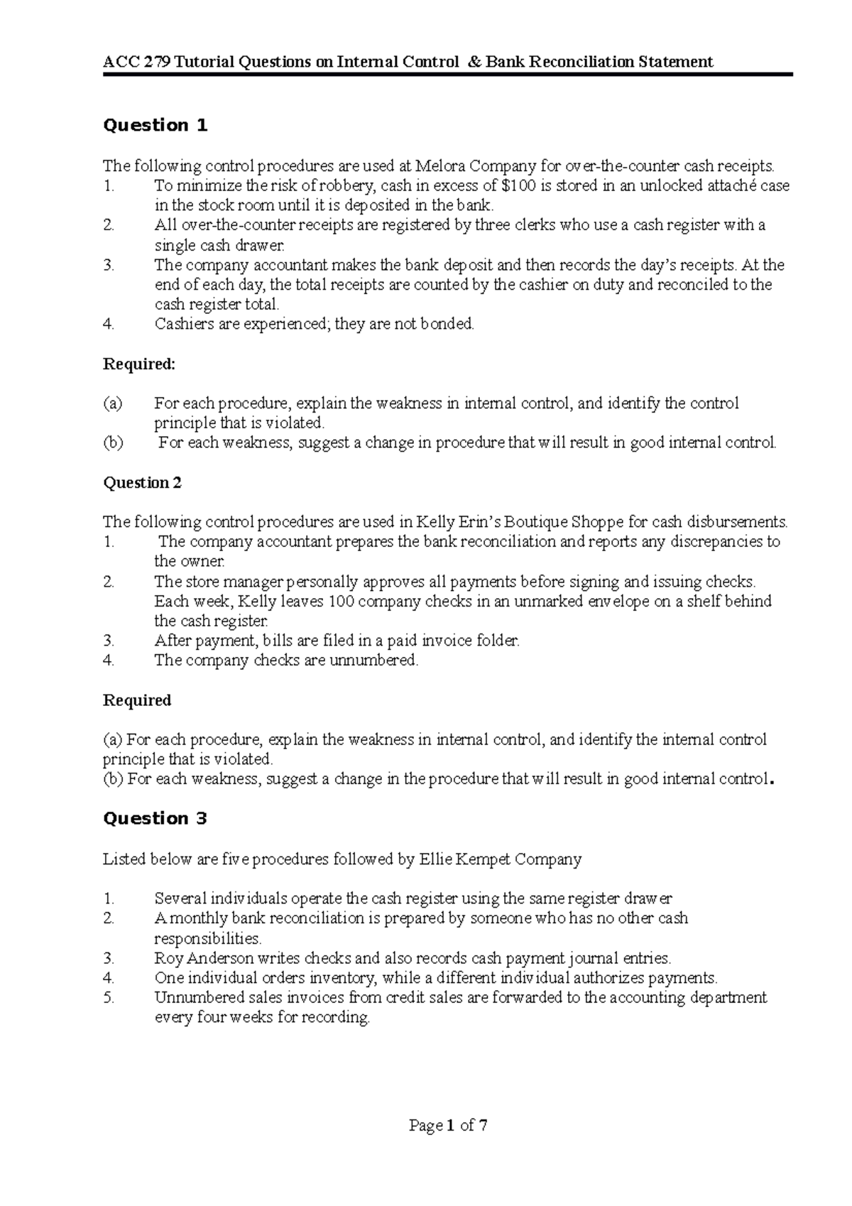 ACC 279 Tutorial Questions on Internal Control & Bank Reconciliation ...