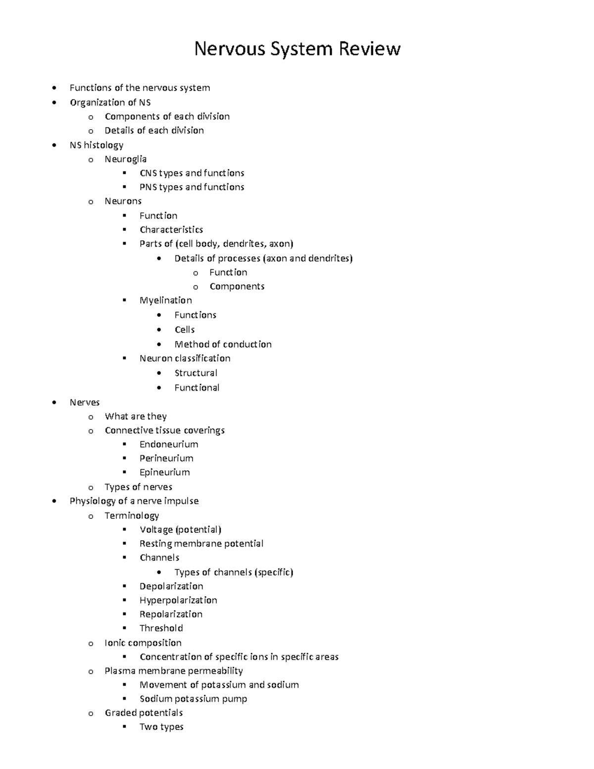 Exam 4 Nervous System Review Checklist: Functions & Physiology - Studocu