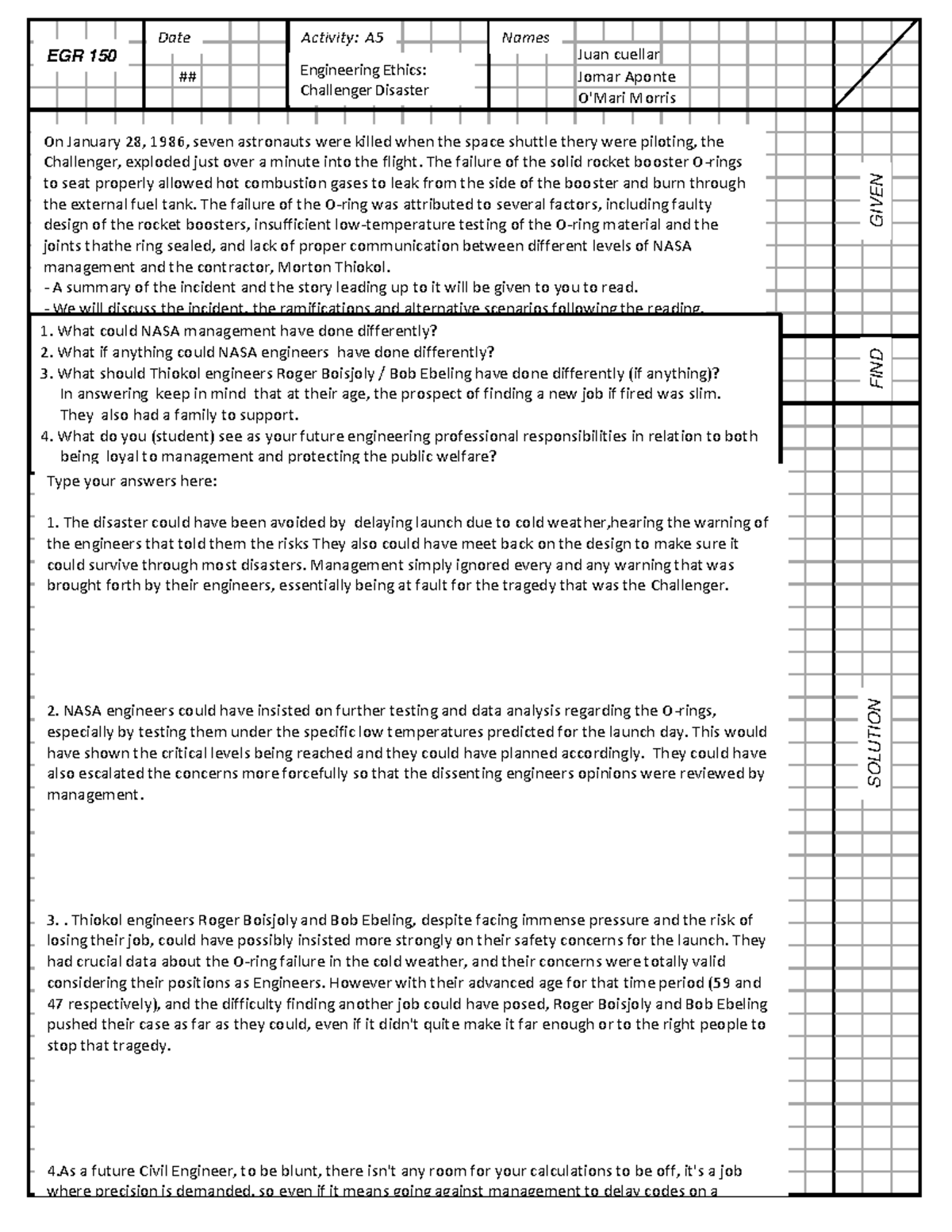 EGR 150 A5: Engineering Ethics and the Challenger Disaster Analysis ...