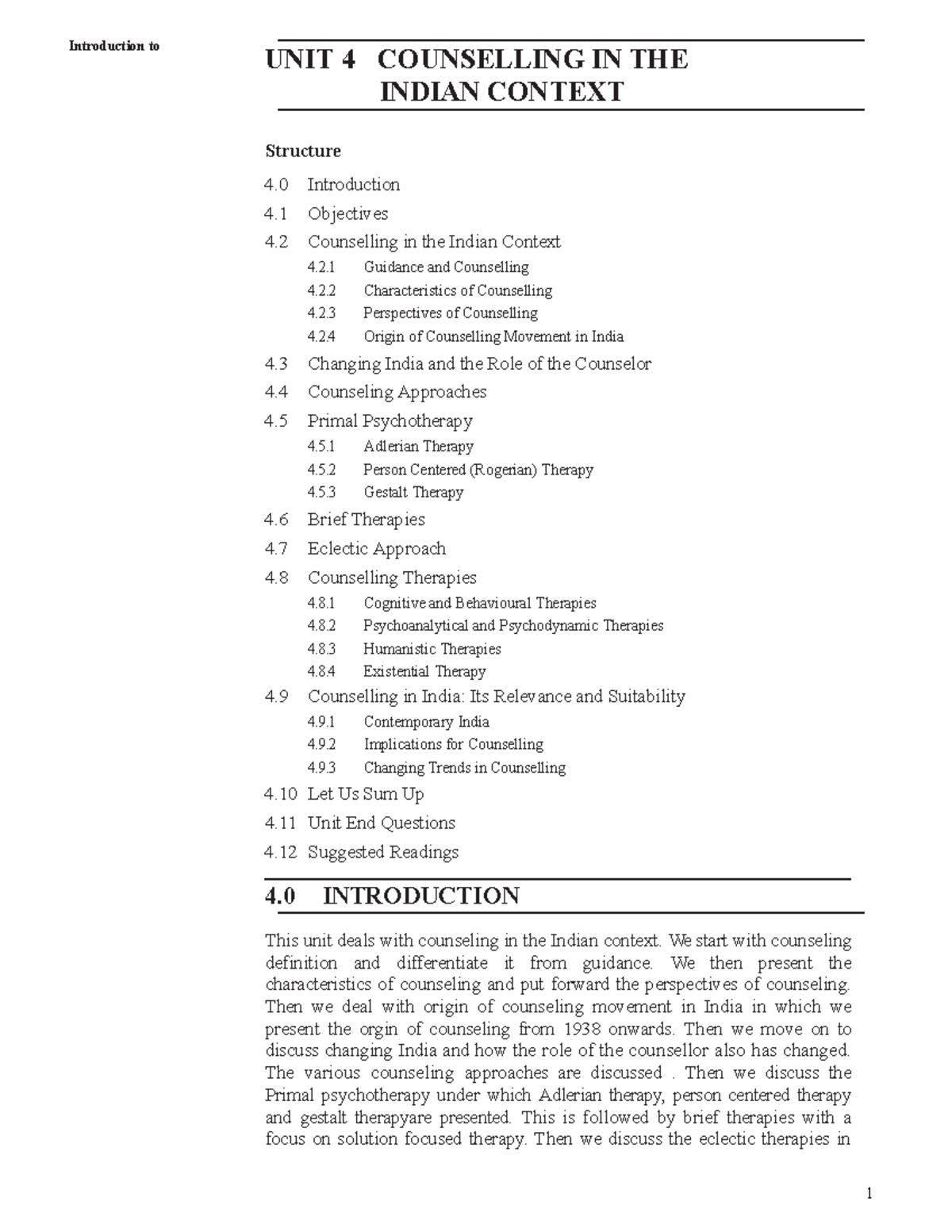 Unit 4: Counseling in the Indian Context - Overview & Approaches - Studocu