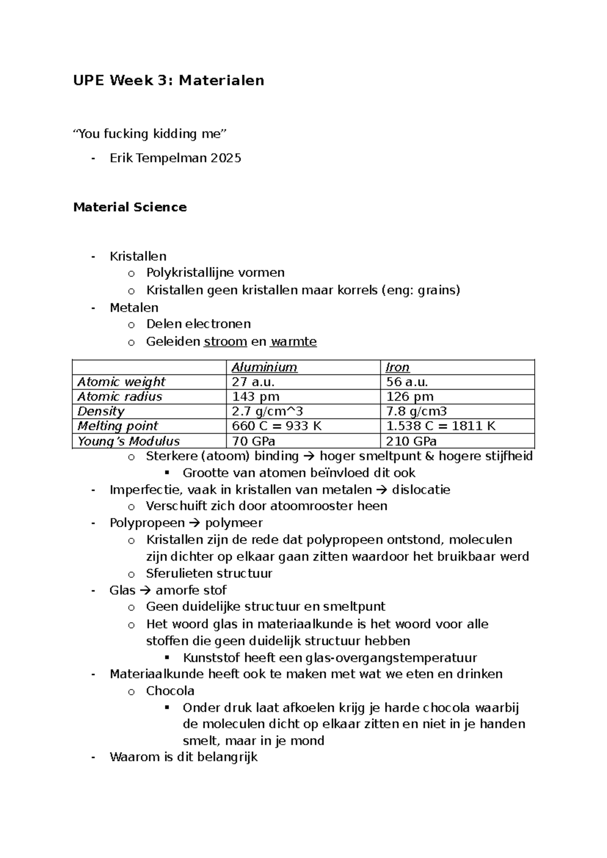 Week 3 - UPE: Material Science Notes on Crystals and Metals - Studeersnel