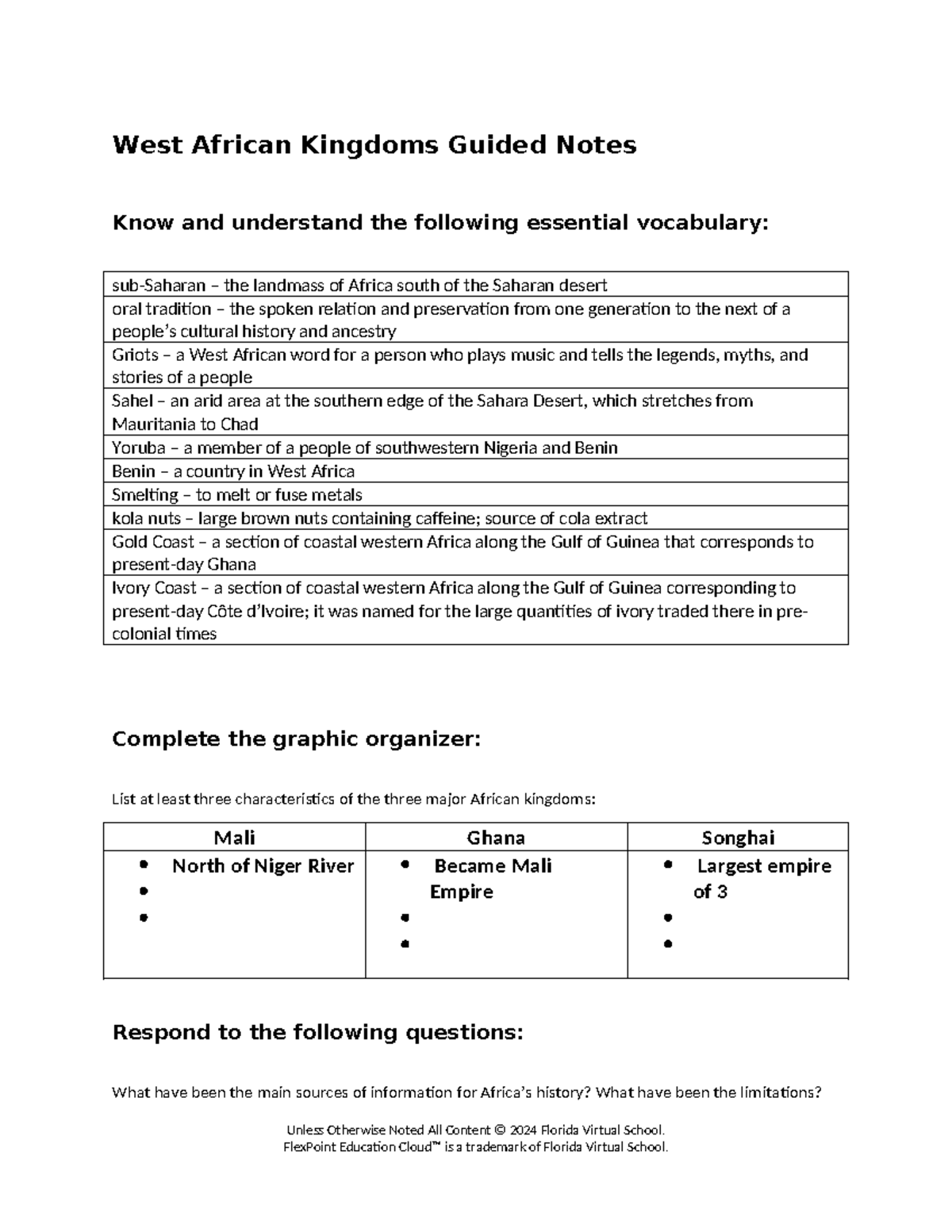West African Kingdoms (HIST 101) Guided Notes & Key Vocabulary - Studocu