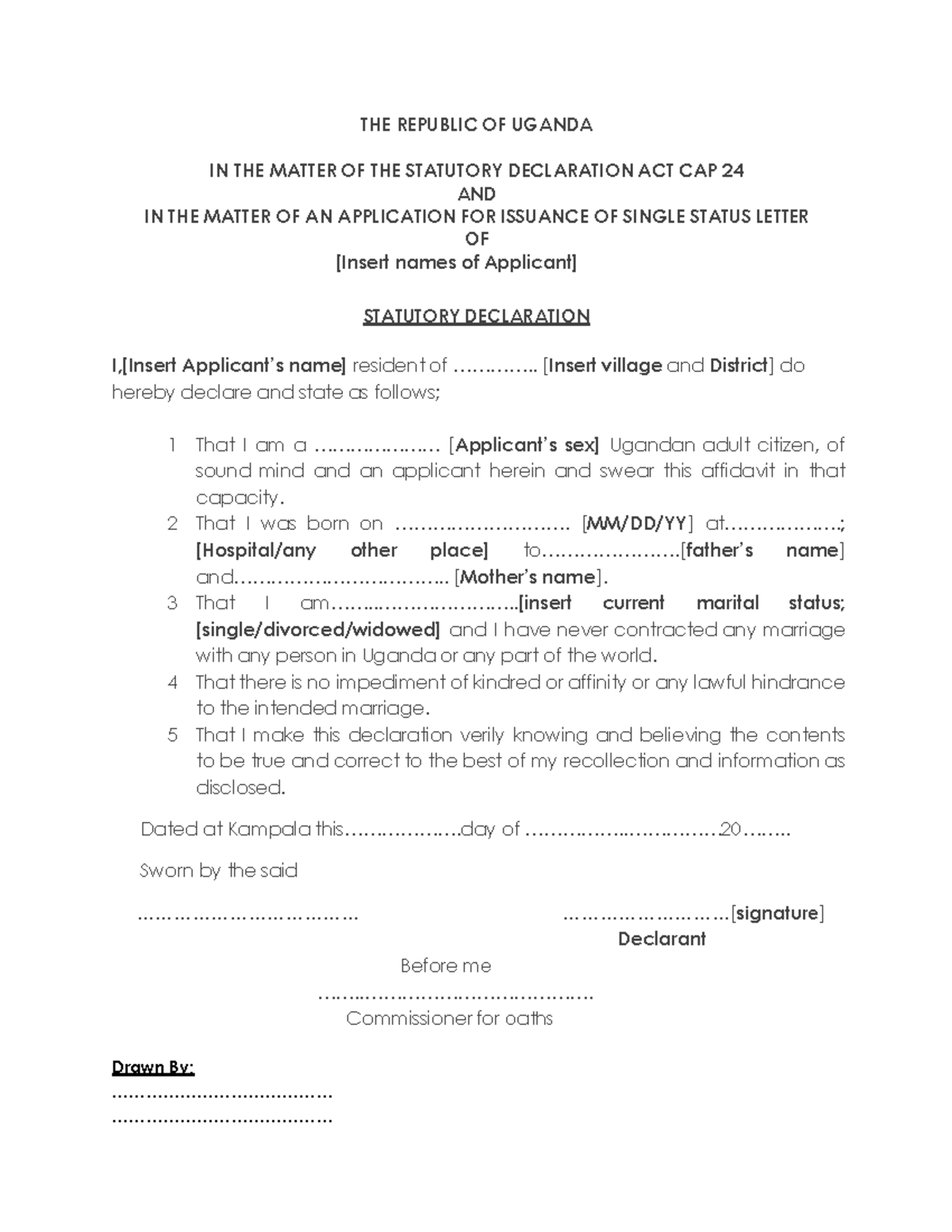 Statutory Declaration for Single Status Letter - 1720513538 Document - Studocu