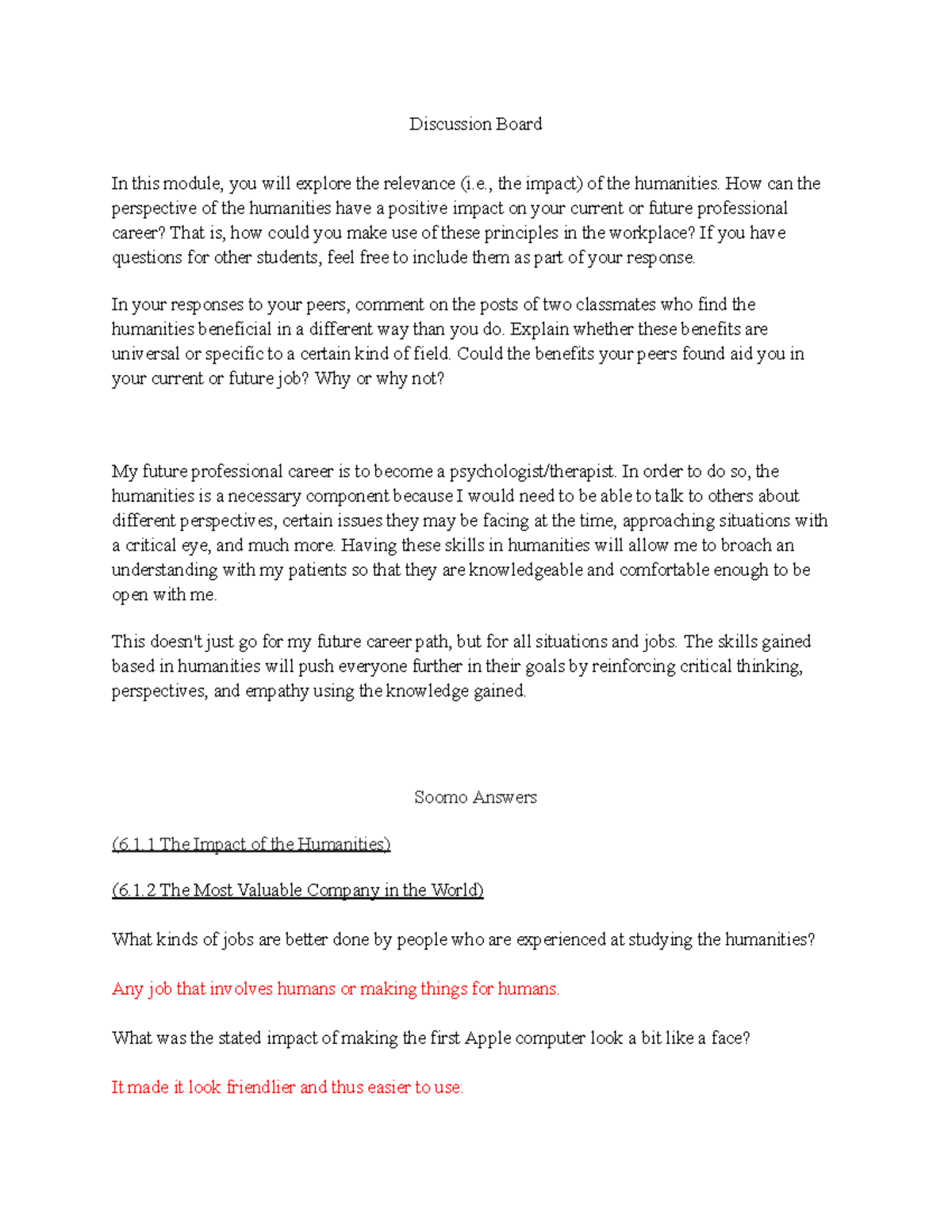 HUM 200 - Module 6 Discussion & Soomo Insights on Humanities Impact ...