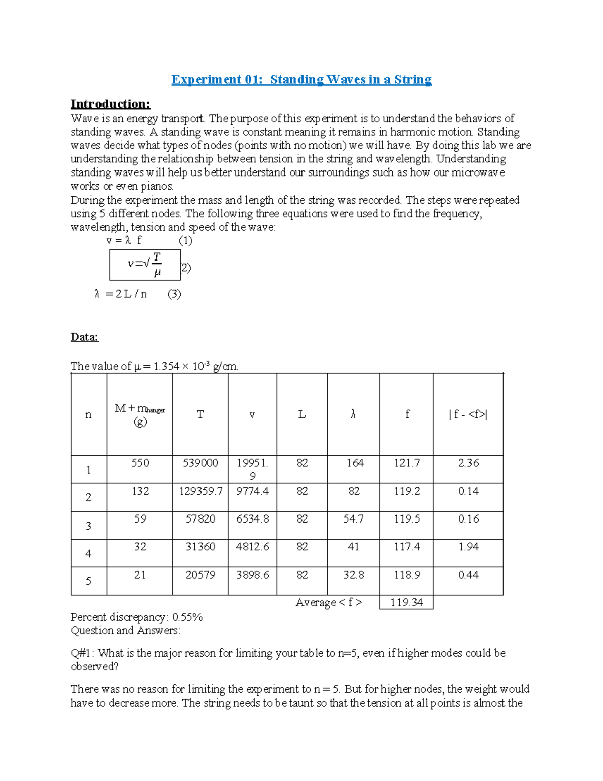 Lab 1 - Standing Waves in a String Experiment Analysis - Studocu