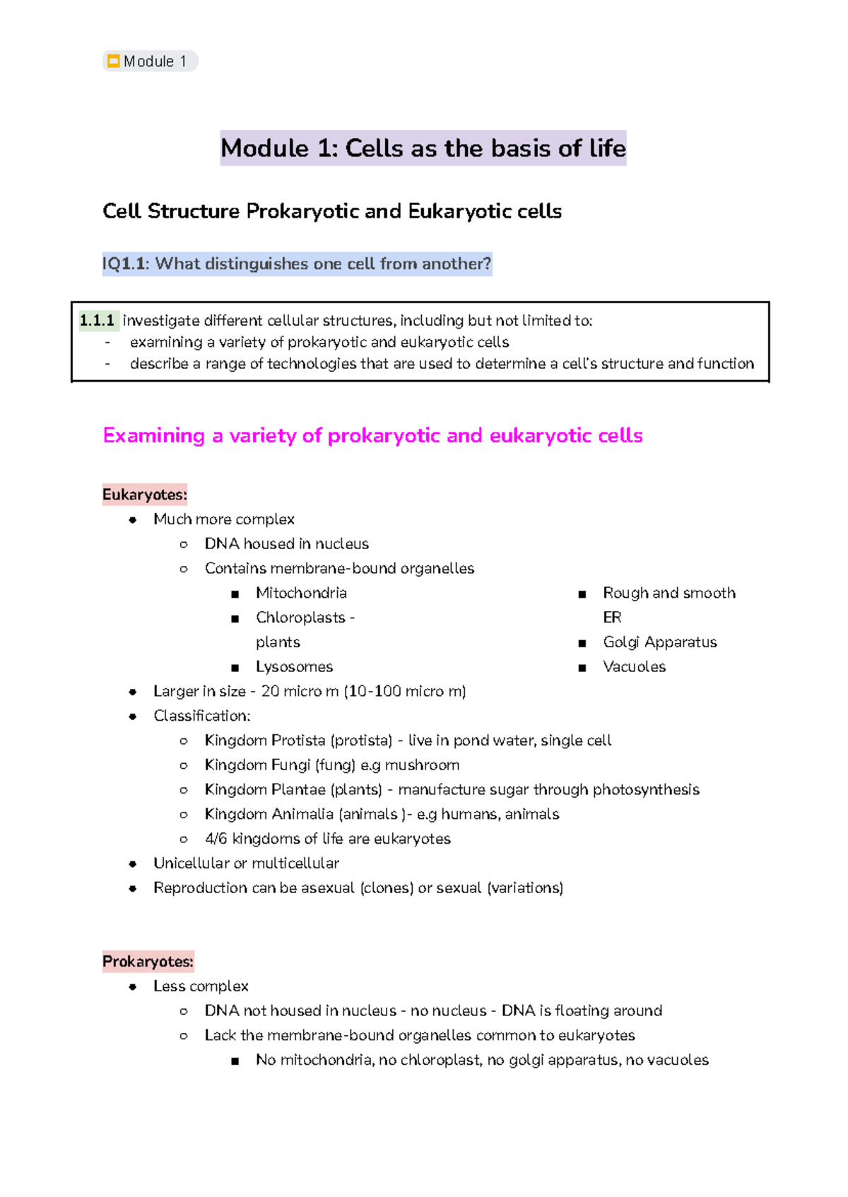 Yr 11 Bio Module 1 Notes - full summary of bio mod 1 - Module 1: Cells ...
